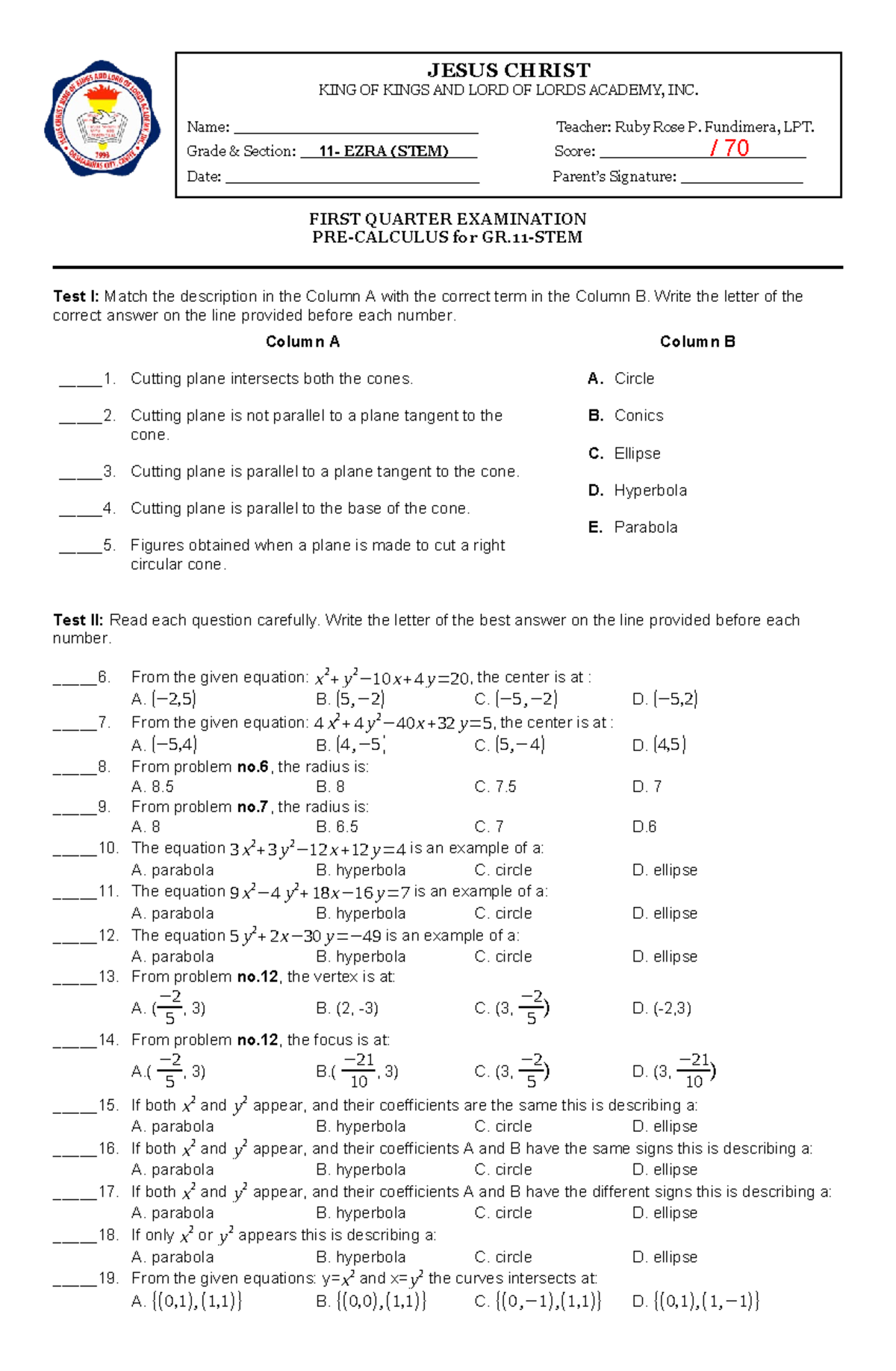 Precal First Quarter Exam - FIRST QUARTER EXAMINATION PRE-CALCULUS for ...