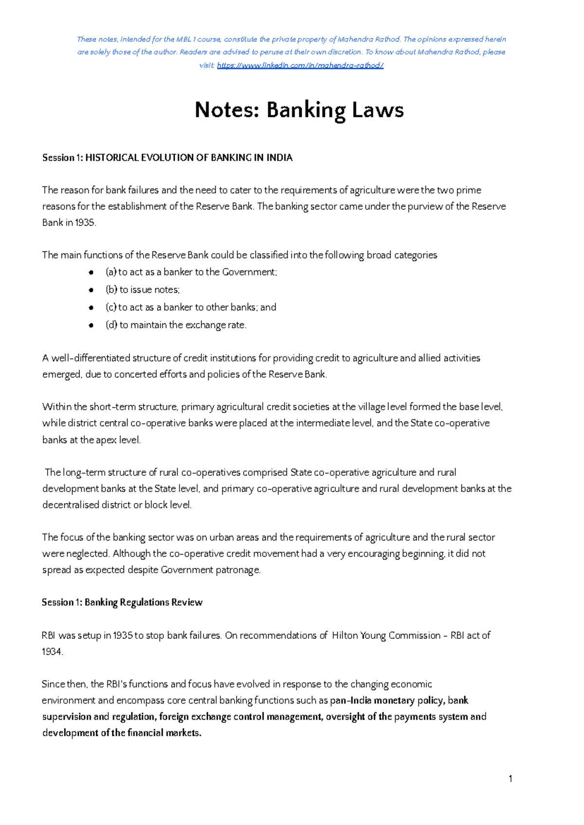 Notes - Banking Laws - For reference purpose. - are solely those of the ...
