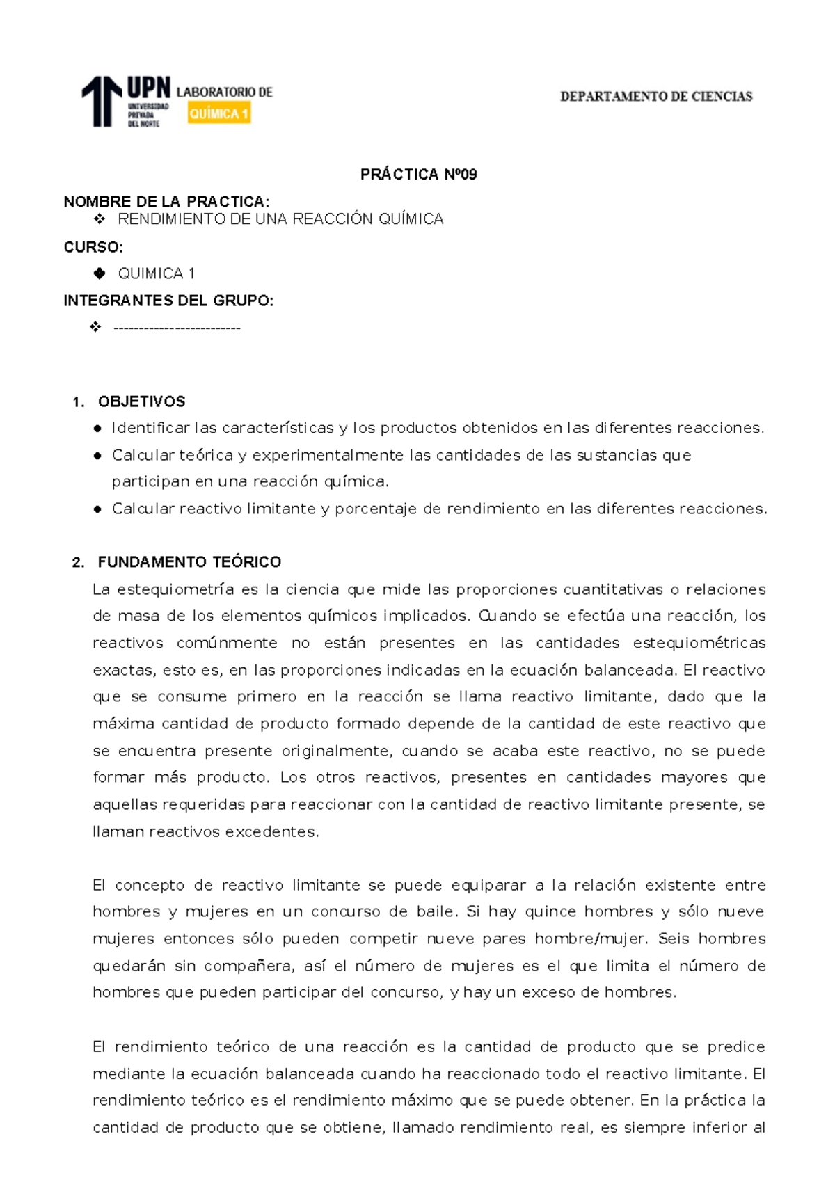 Reporte de Laboratorio QUIM1 Práctica 09: Rendimiento Químico - Studocu