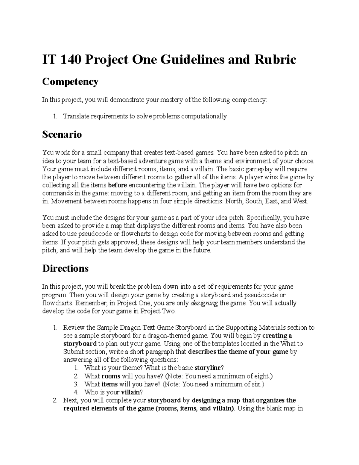 IT 140 Project One: Guidelines for Text-Based Game Design - Studocu