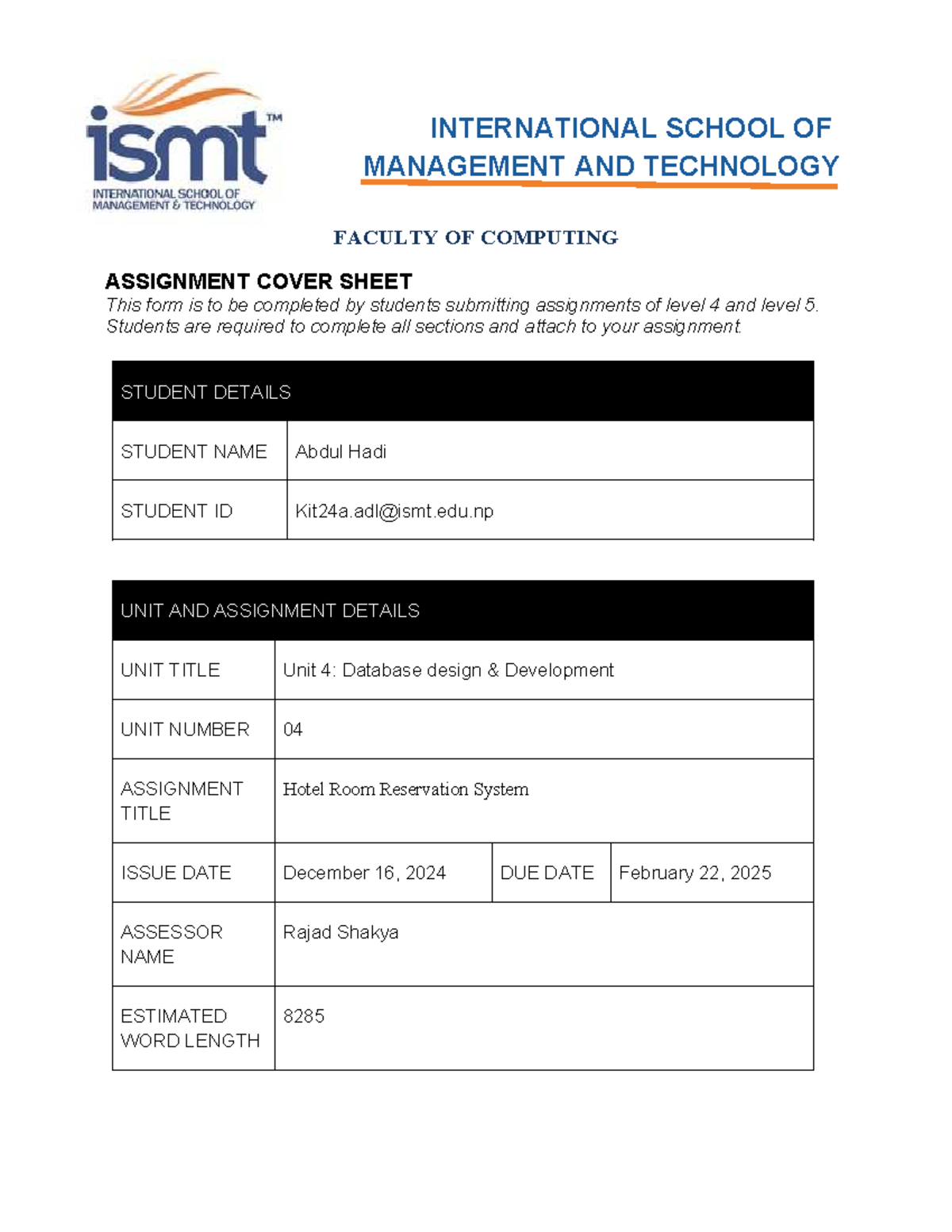 Final Assignment: Hotel Room Reservation System (Unit 4: DB Design ...