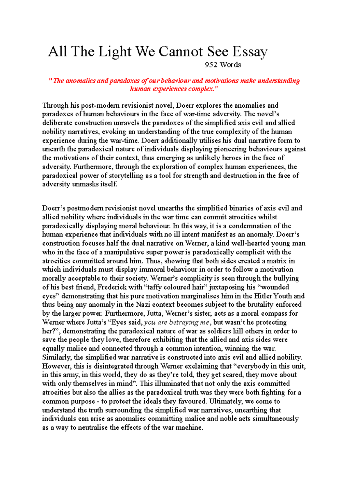 All The Light We Cannot See Essay - " Through his post-modern ...