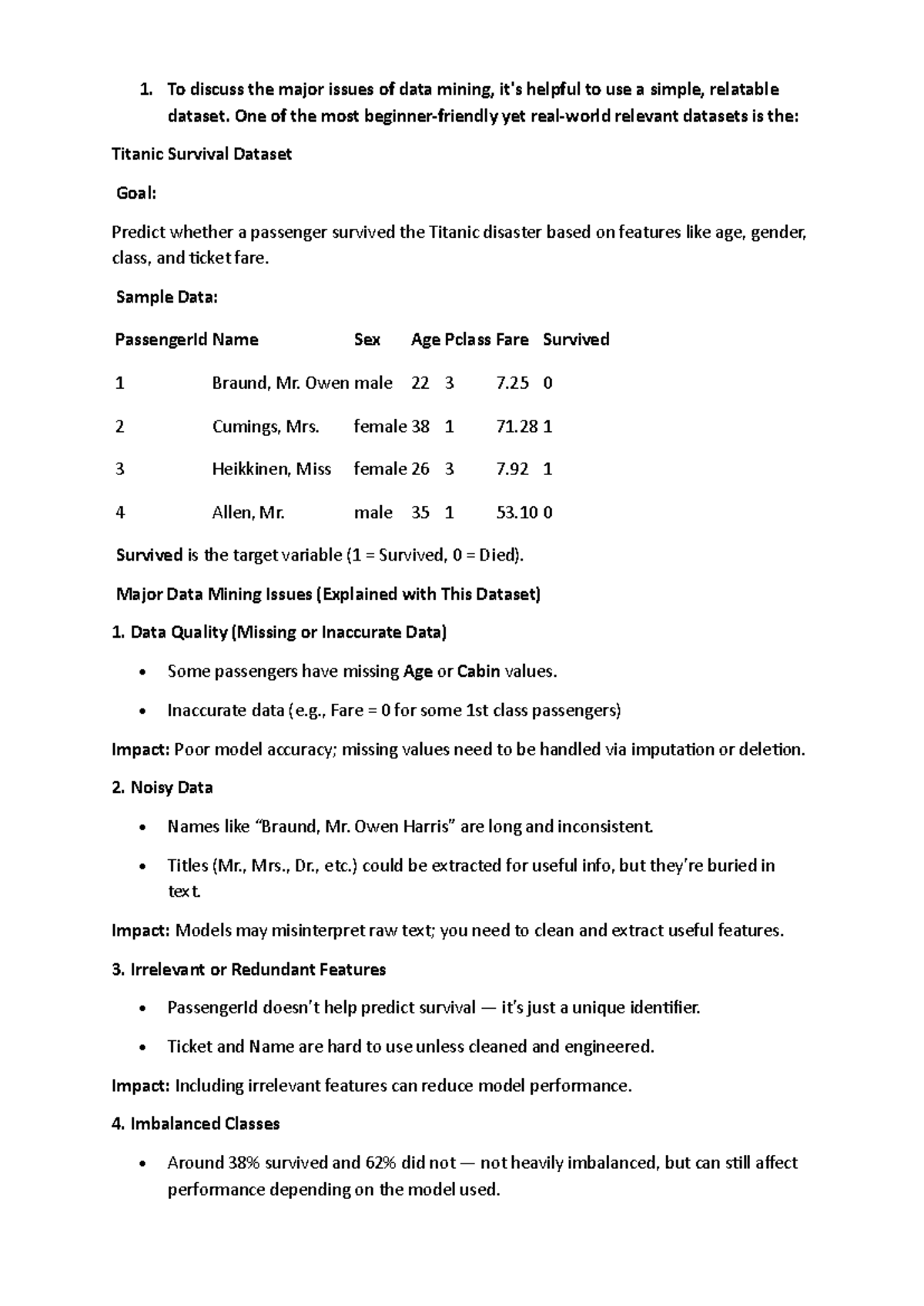 Data Mining Issues Explored with Titanic Dataset (CS101 Final Exam) - Studocu