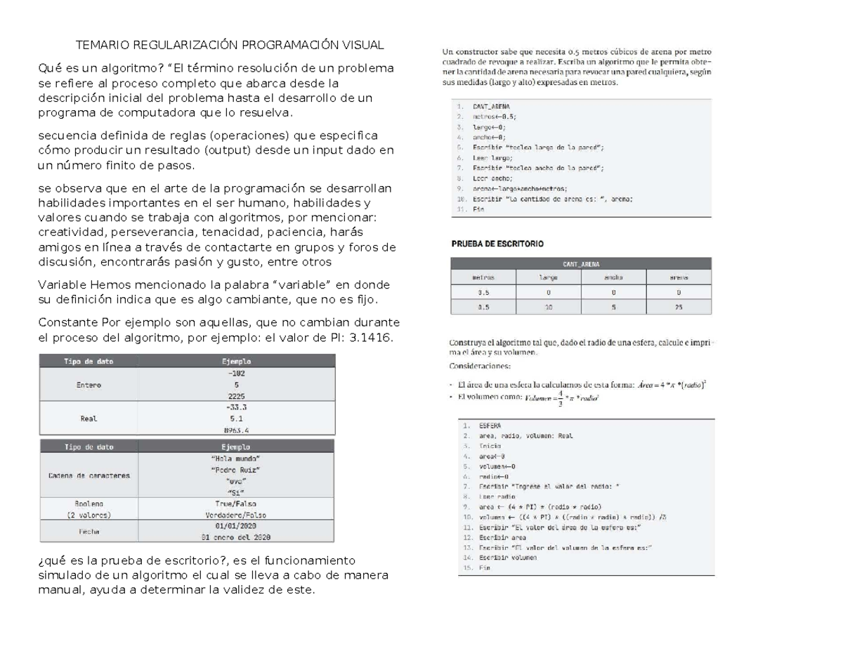 Temario Regularización: Algoritmos y Variables en Programación Visual - Studocu