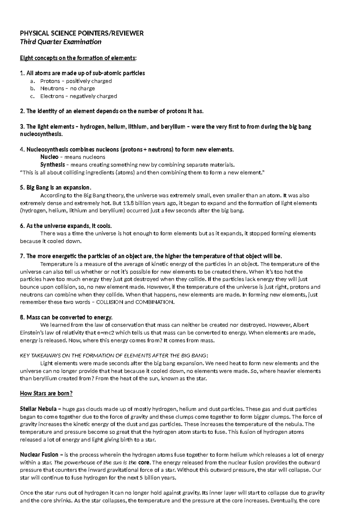 Physical Science: Third Quarter Exam Review on Element Formation - Studocu