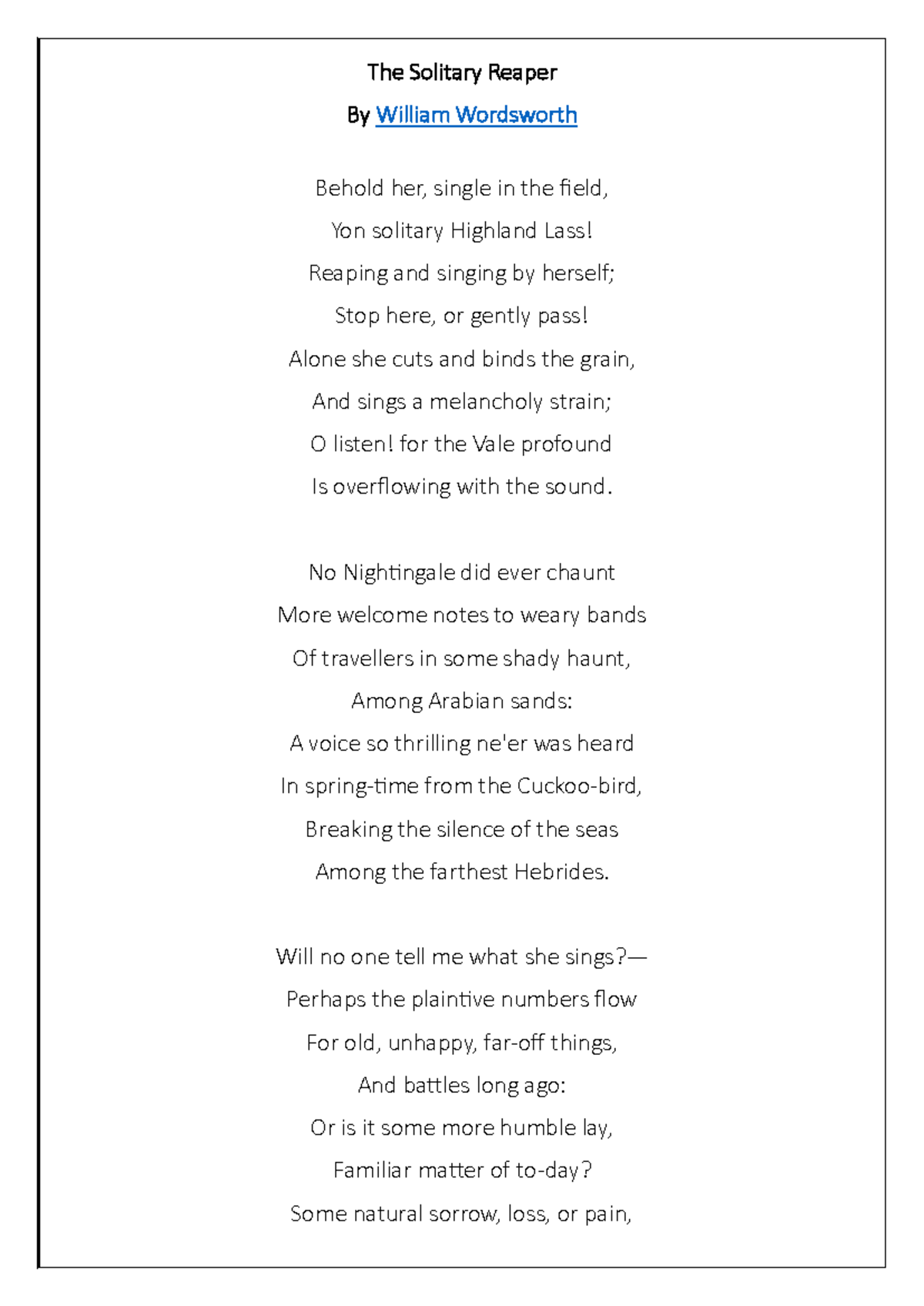 The Solitary Reaper - William Wordsworth - The Solitary Reaper By ...