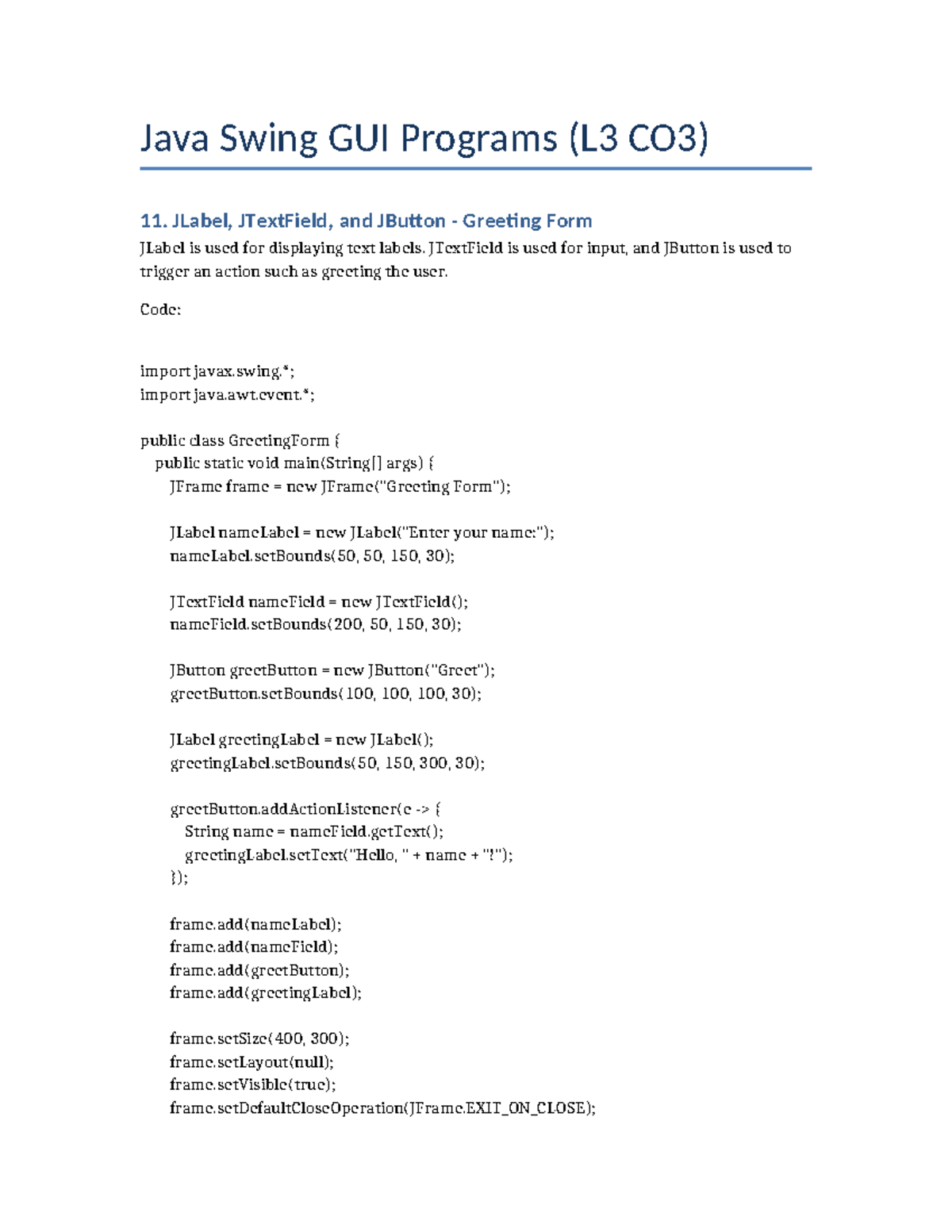 Java Swing GUI Programs (L3 CO3) - Components and Examples - Studocu