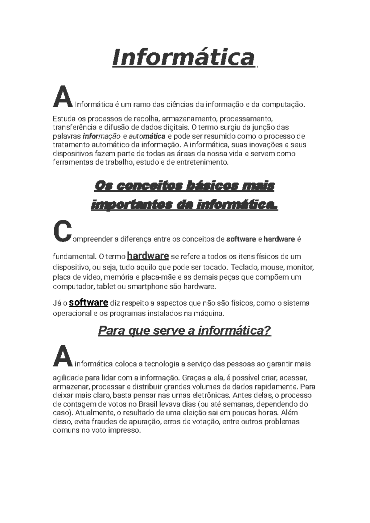 Informática A: Conceitos Básicos e Importância na Sociedade - Studocu