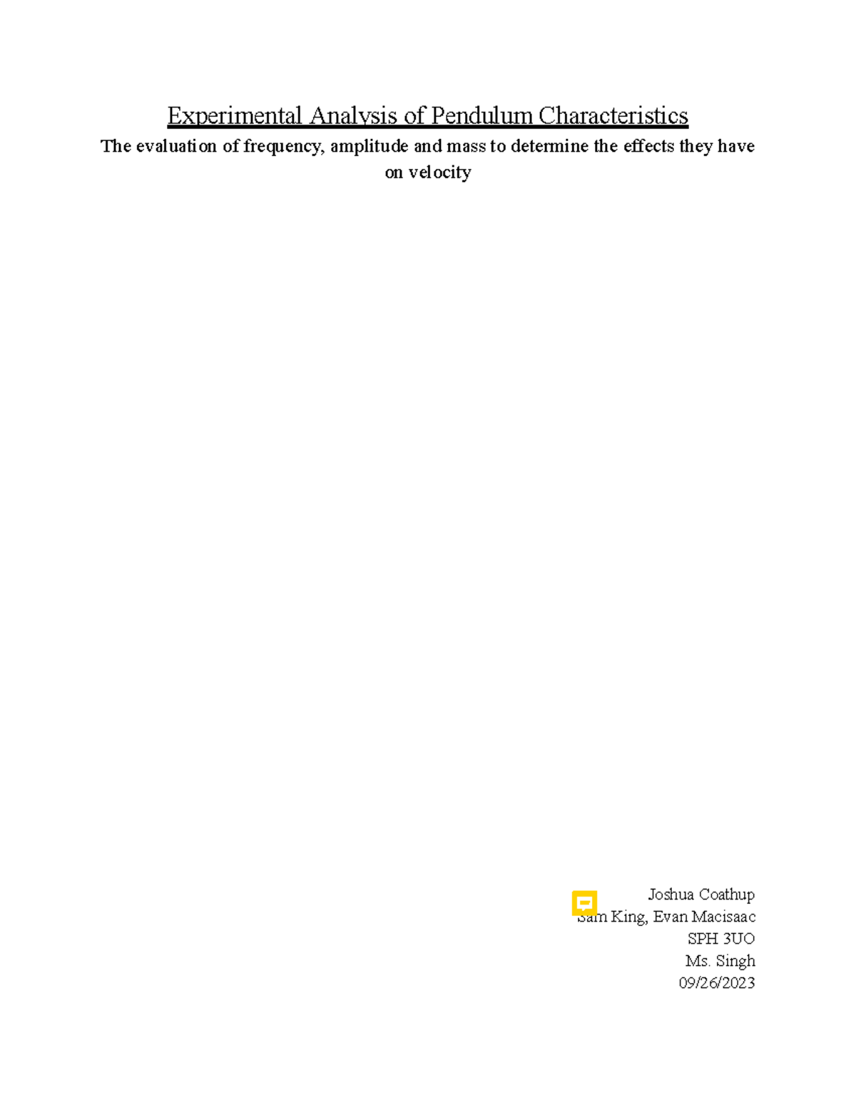 Coathup, Josh (m) - Biology - Experimental Analysis of Pendulum ...