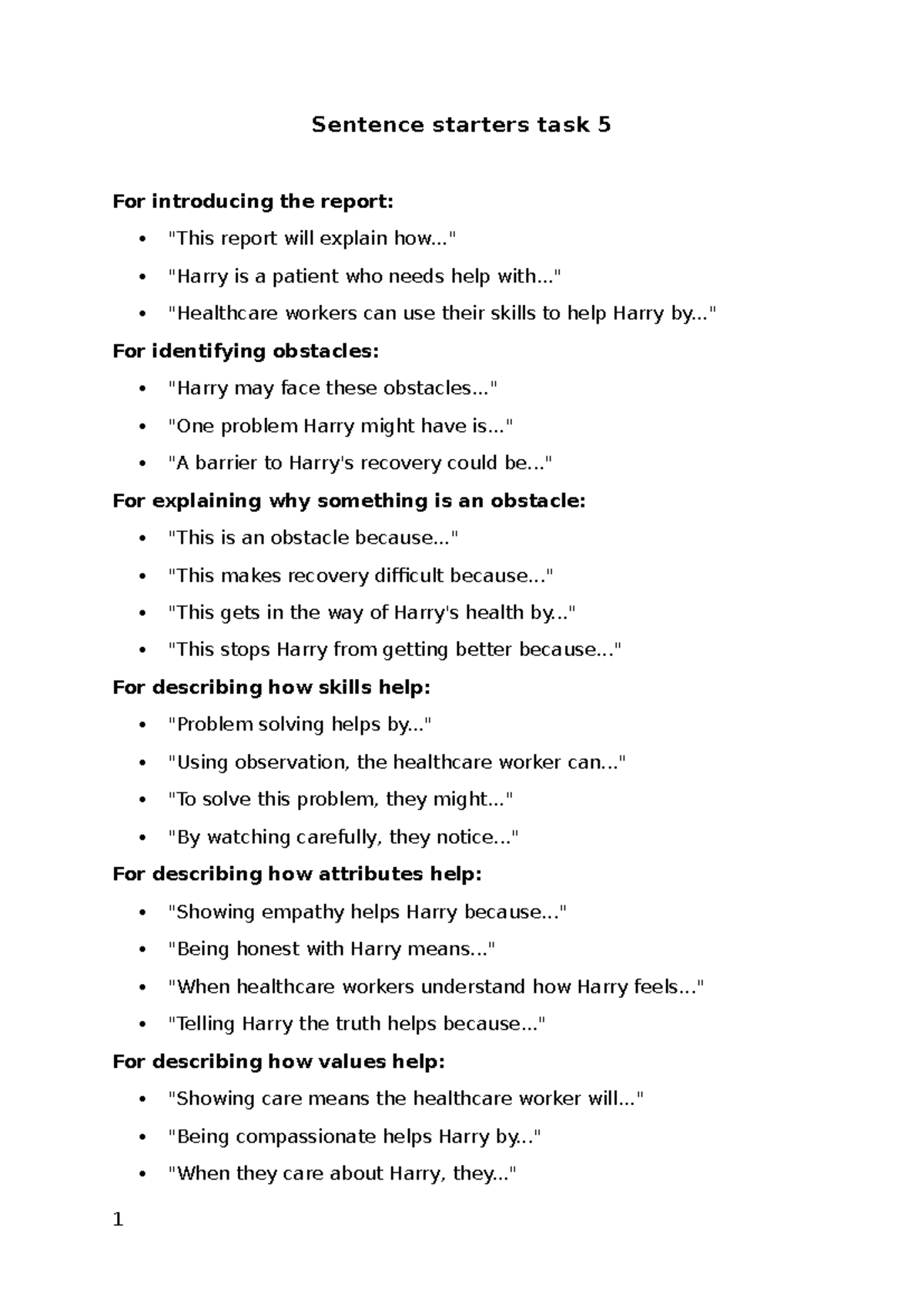 Sentence Starters Task 5: Introducing Patient Care Challenges - Studocu