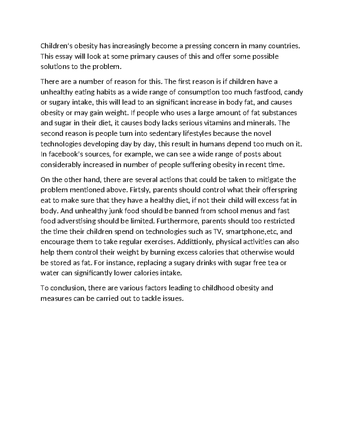 Children's Obesity: Causes and Solutions - Essay Notes - Studocu