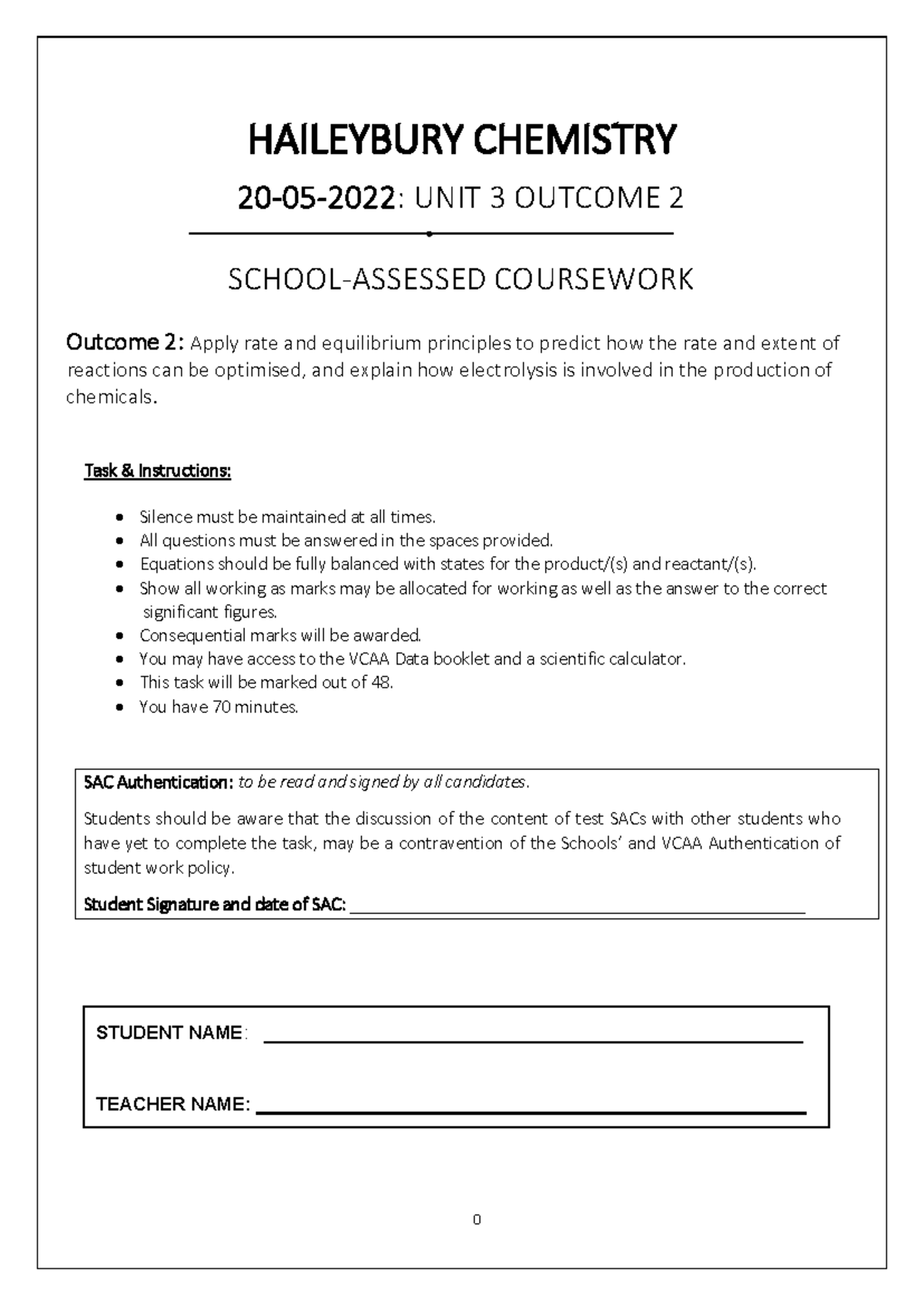 2022 - Unit 3 AOS2 SAC: Optimizing Reaction Rates & Electrolysis - Studocu