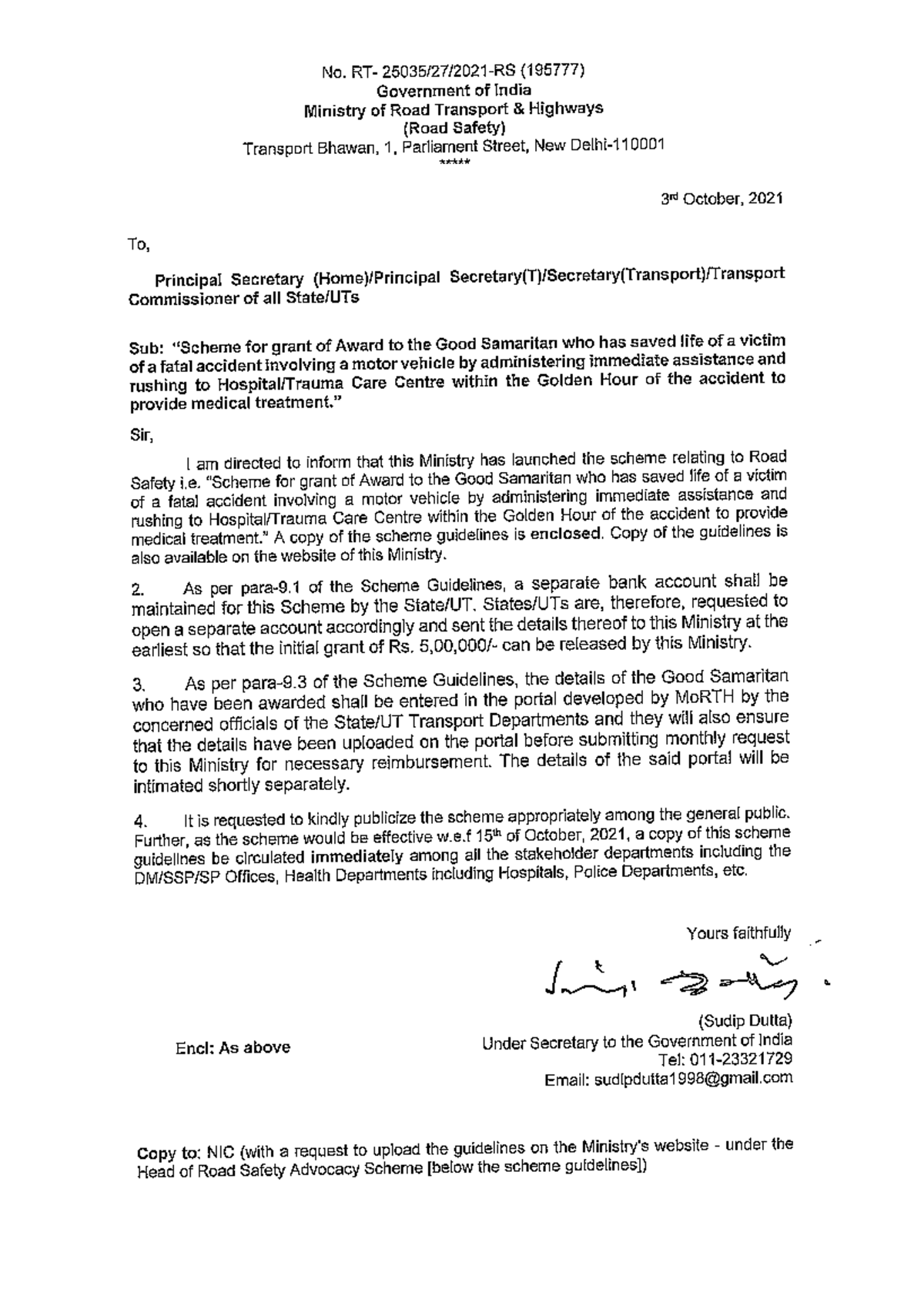 Guidelines for Grant of Award to Good Samaritans (Road Safety Scheme ...