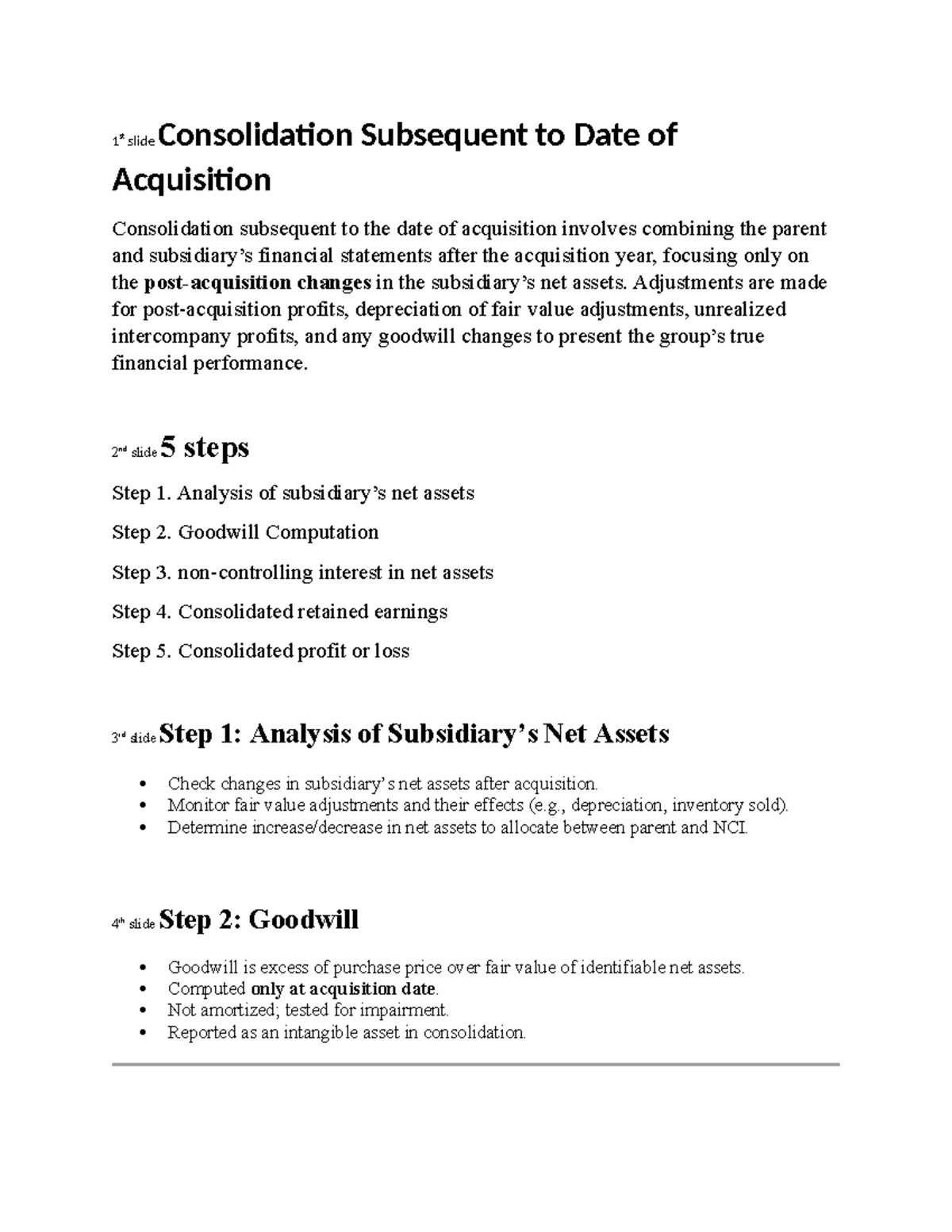 Consolidation Post-Acquisition: Key Steps and Goodwill Analysis - Studocu