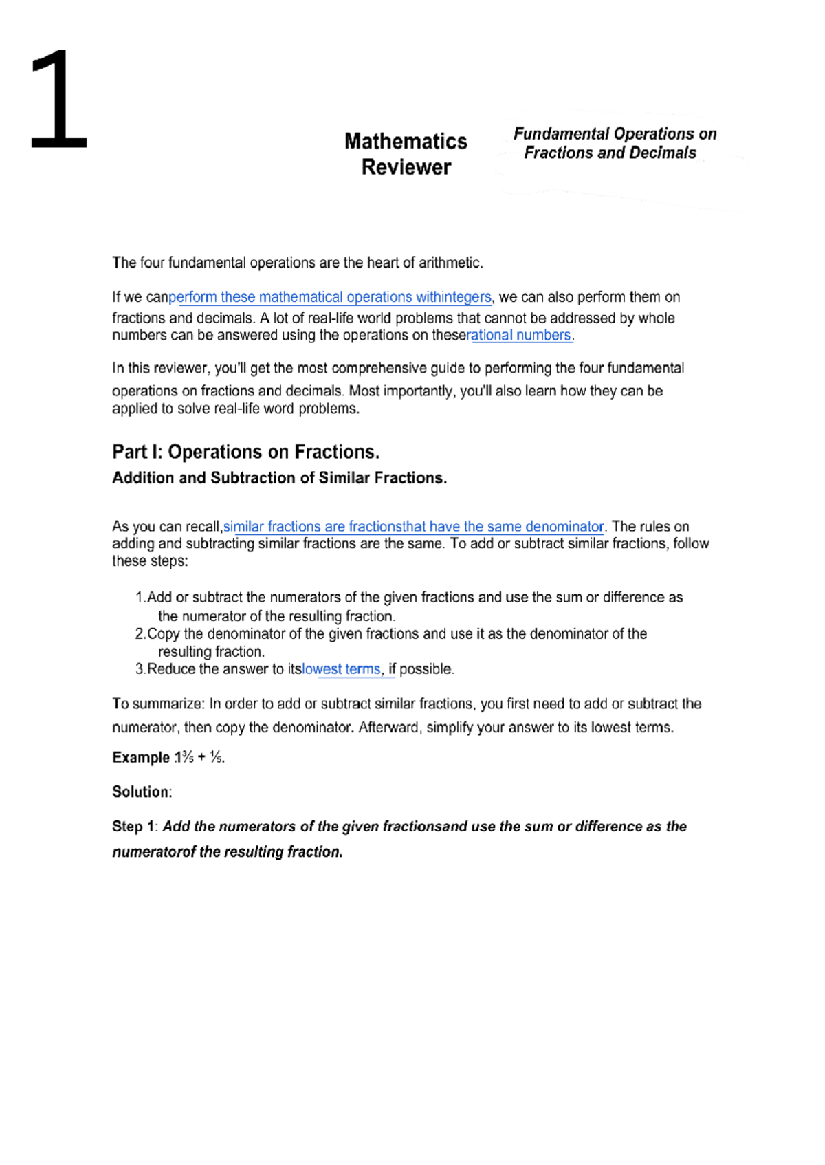 MATH 101: Fundamental Operations on Fractions & Decimals Reviewer - Studocu