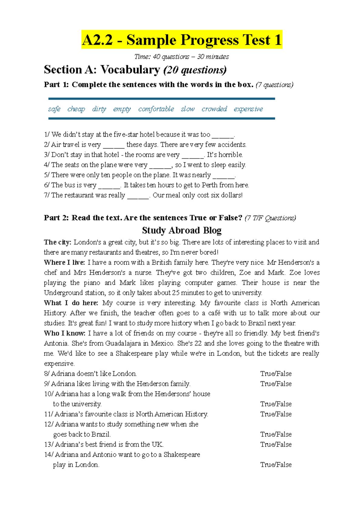 A2.2 Progress Test 1: Vocabulary & Grammar Practice - Studocu