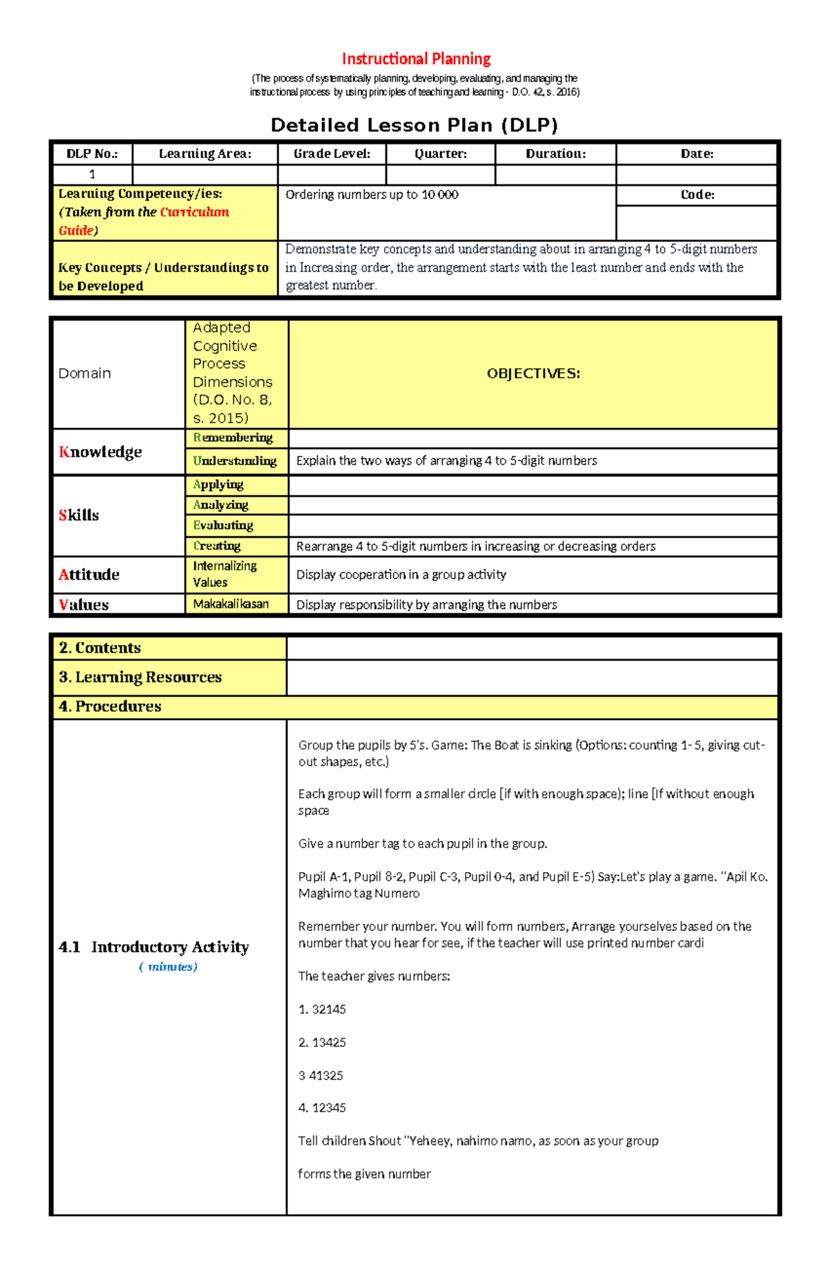 Detailed Lesson Plan (DLP) on Arranging 4-5 Digit Numbers - Studocu