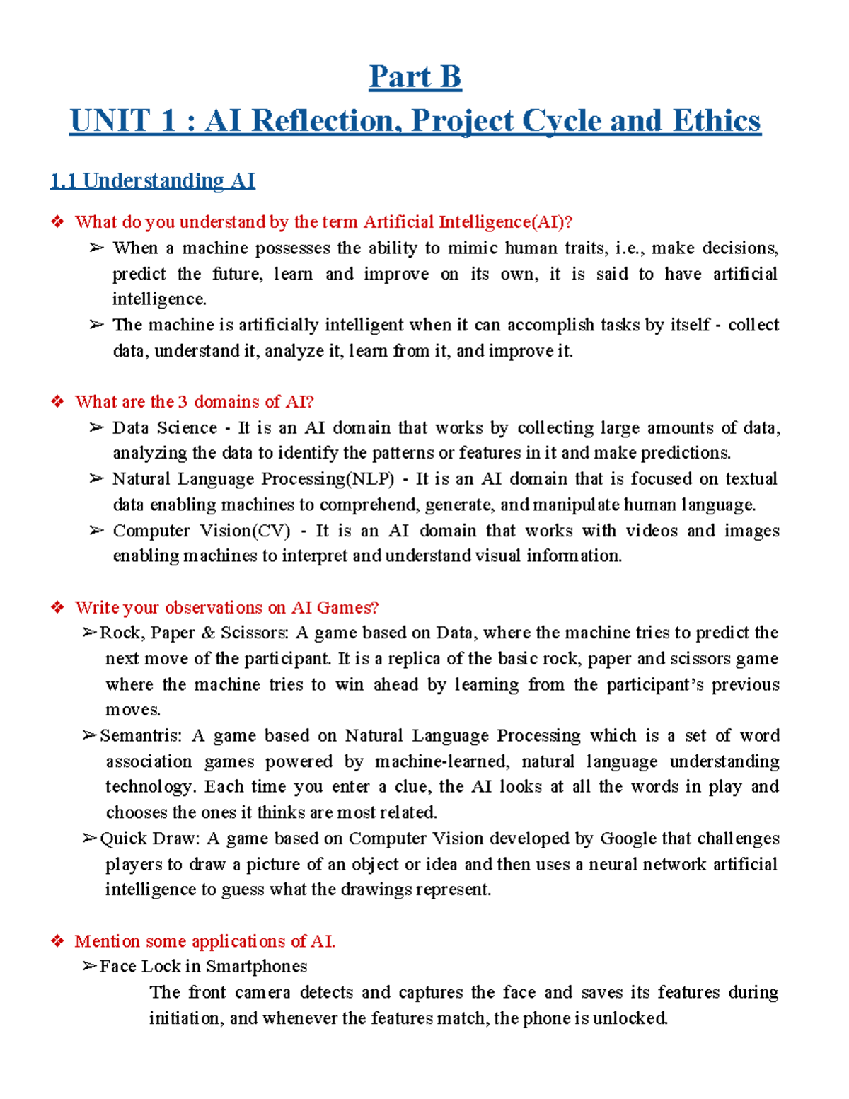IX Part B Unit 1 AI: Reflection on Project Cycle & Ethics Notes - Studocu