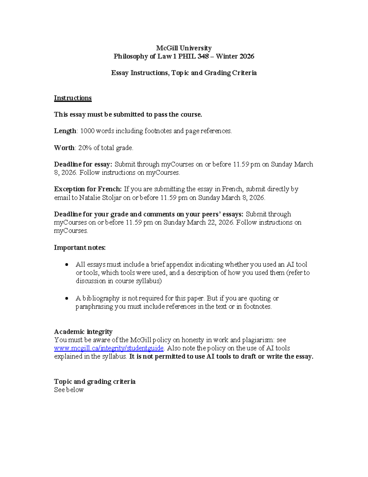 PHIL 348 Winter 2026 Essay Guidelines: Topics & Grading Criteria - Studocu