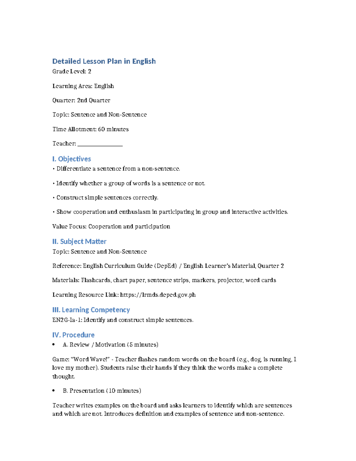 DLP: Lesson Plan on Sentences for English Grade 2 - 2nd Quarter - Studocu