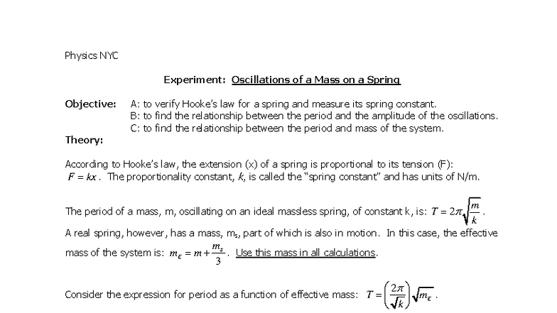 Physics NYC Experiment: Mass Spring Oscillation Analysis - Studocu