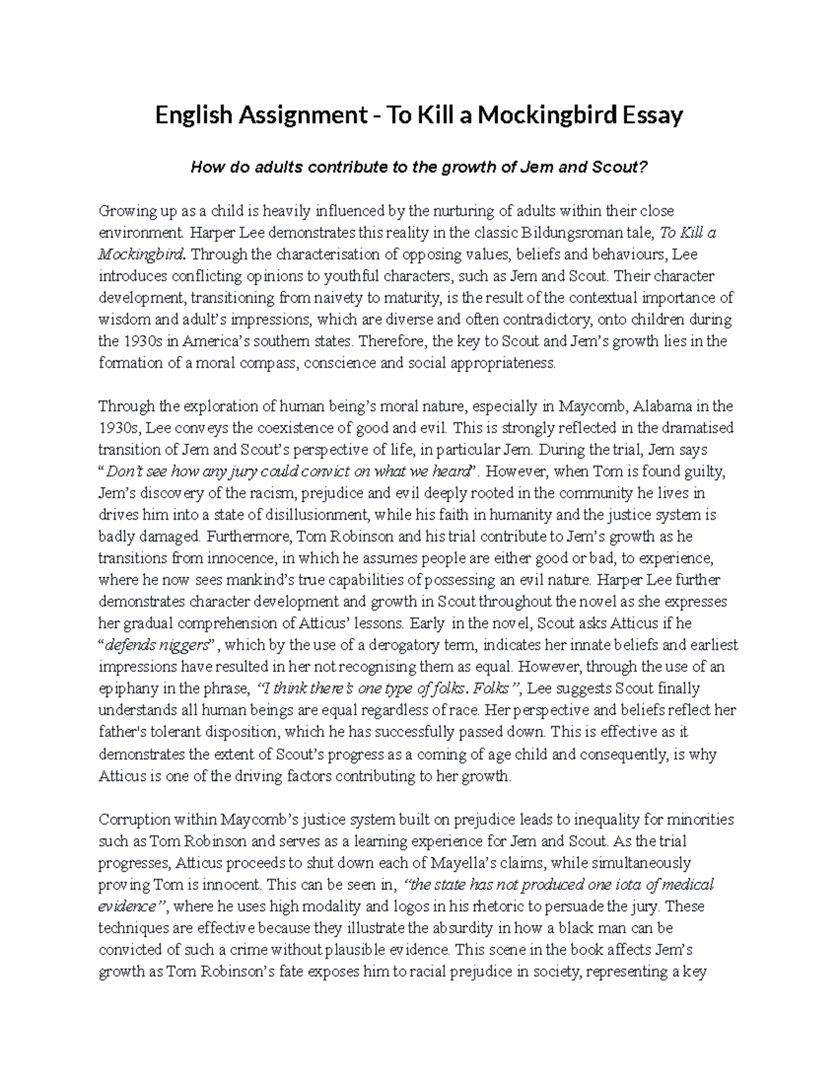 English Assignment - To Kill a Mockingbird Essay: Adult Influence on ...