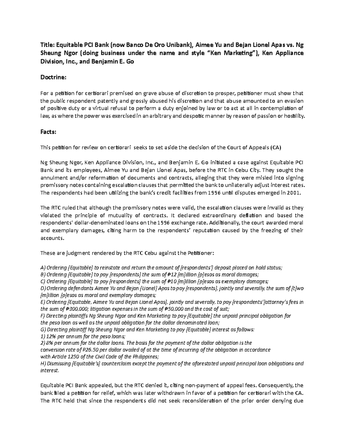 Equitable PCI Bank vs. Sheung Ngor Case Digest (Civil Law Review) - Studocu