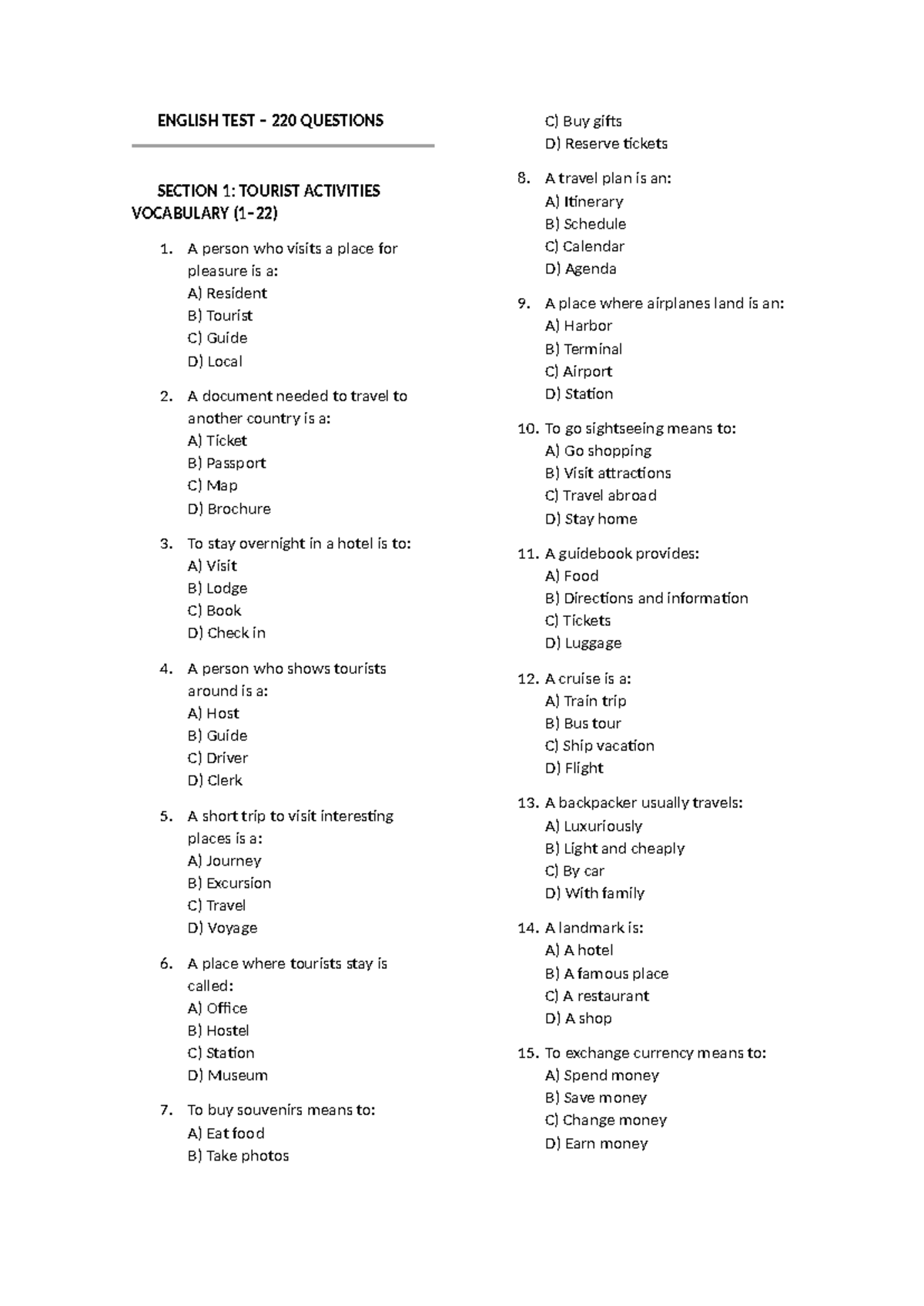 ENGLISH TEST 220 QUESTIONS: TOURIST ACTIVITIES VOCABULARY - Studocu