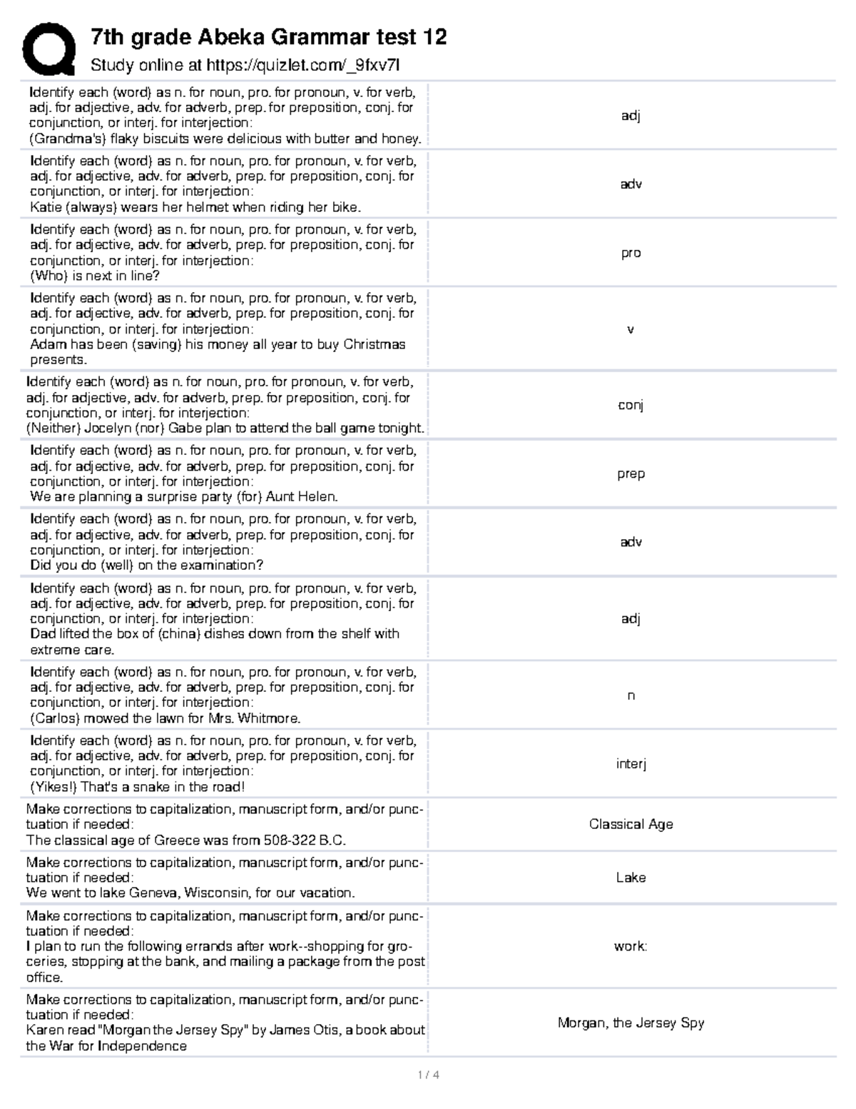 7th Grade Abeka Grammar Test 12 Study Guide and Practice - Studocu