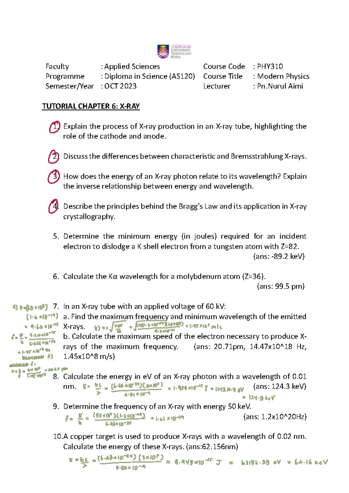 PHY310 - Modern Physics Tutorial 6: Key Concepts & Solutions - Studocu