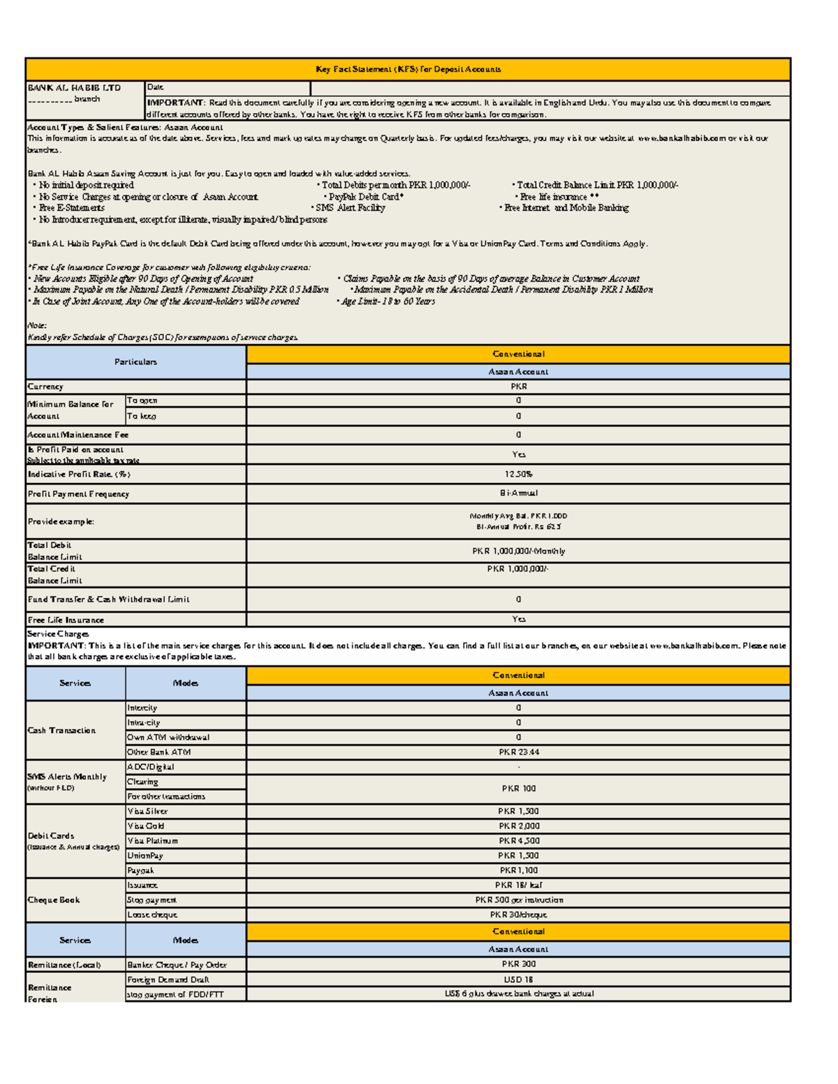 Asaan Account Key Fact Statement (KFS) - Bank AL Habib Ltd - Studocu