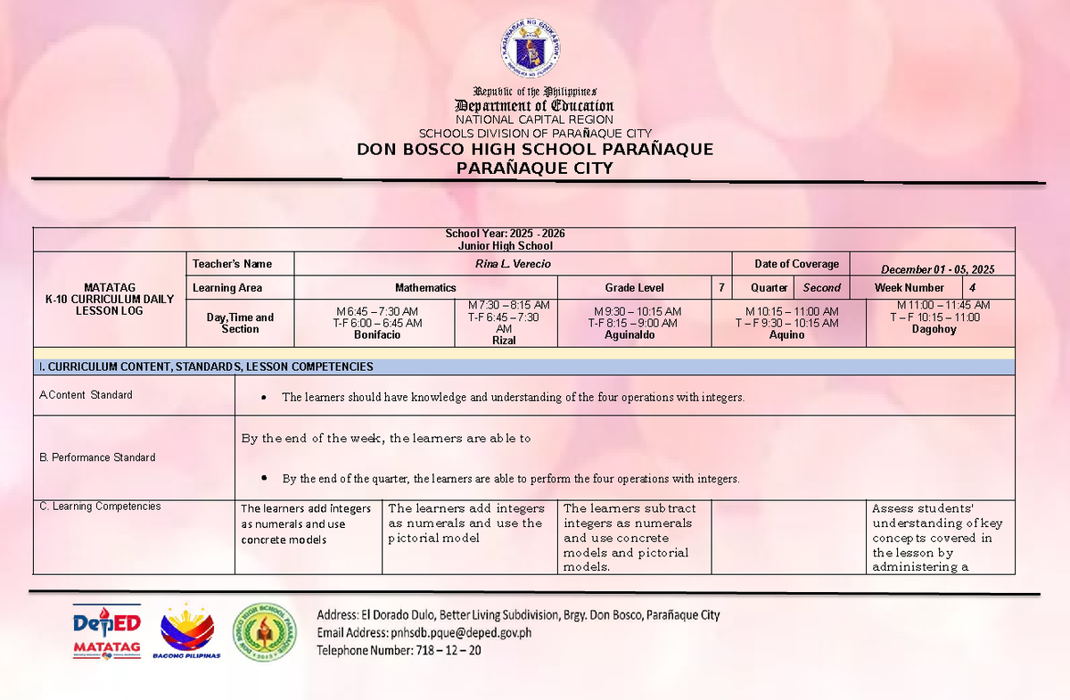 Mathematics Grade 7 Lesson Exemplar: Week 4 - Addition & Subtraction of ...