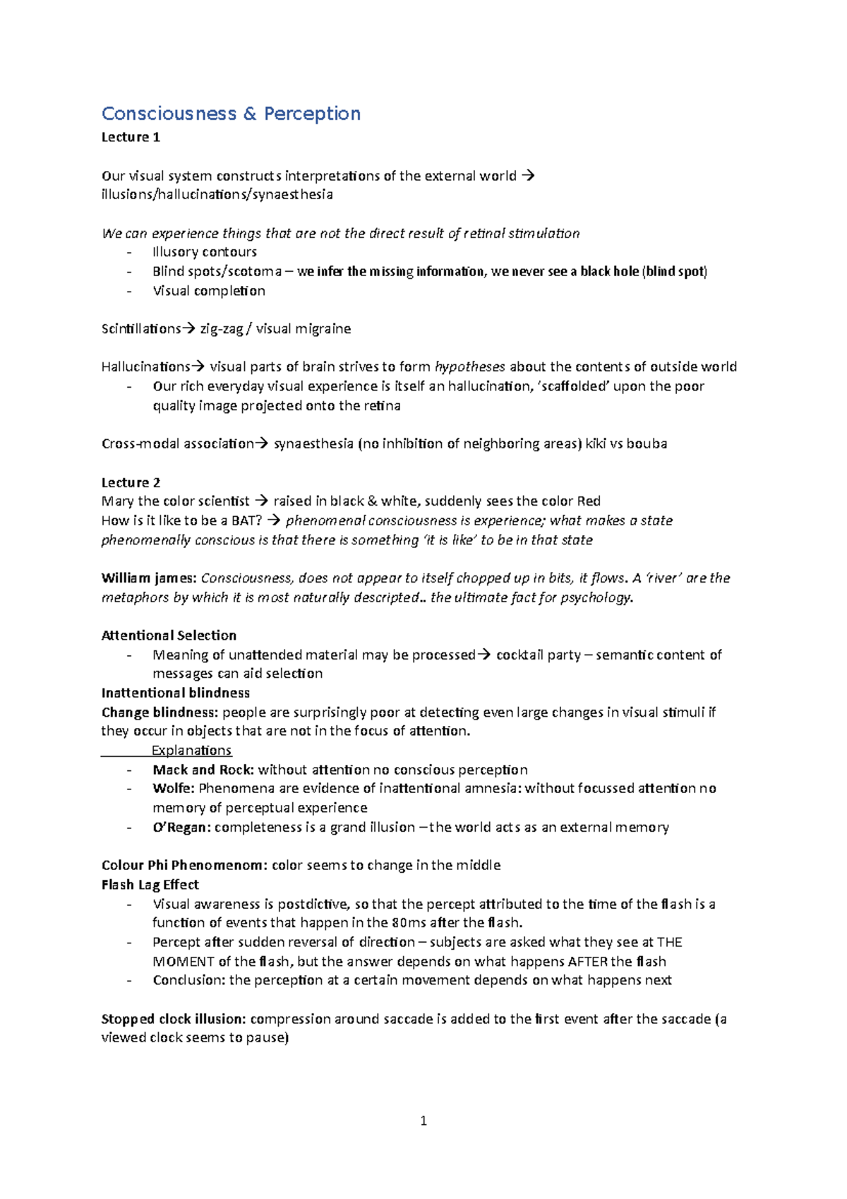Consciousness & Perception: Lecture Notes (Course Code: PSY101 ...
