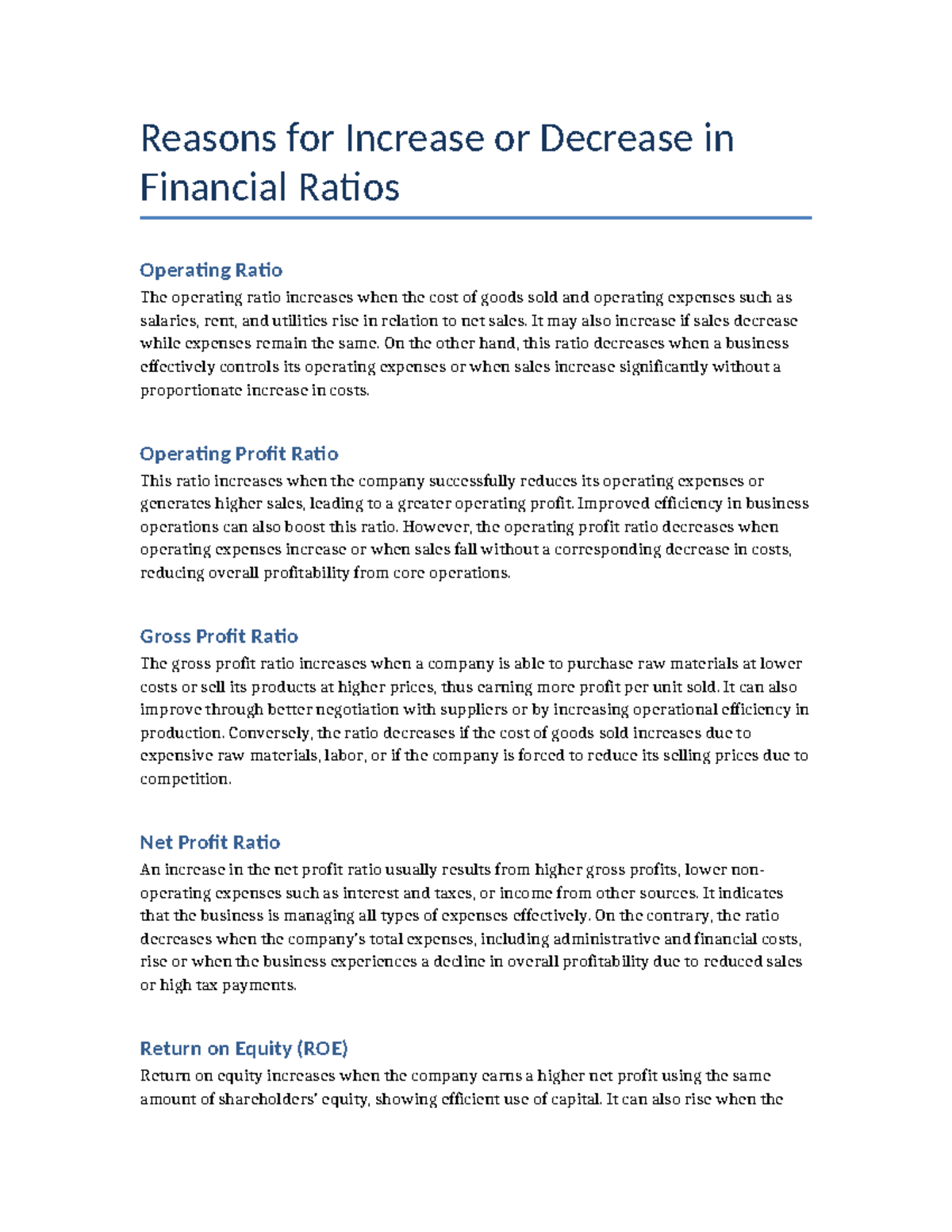 Financial Ratio Analysis: Understanding Increases & Decreases - Studocu