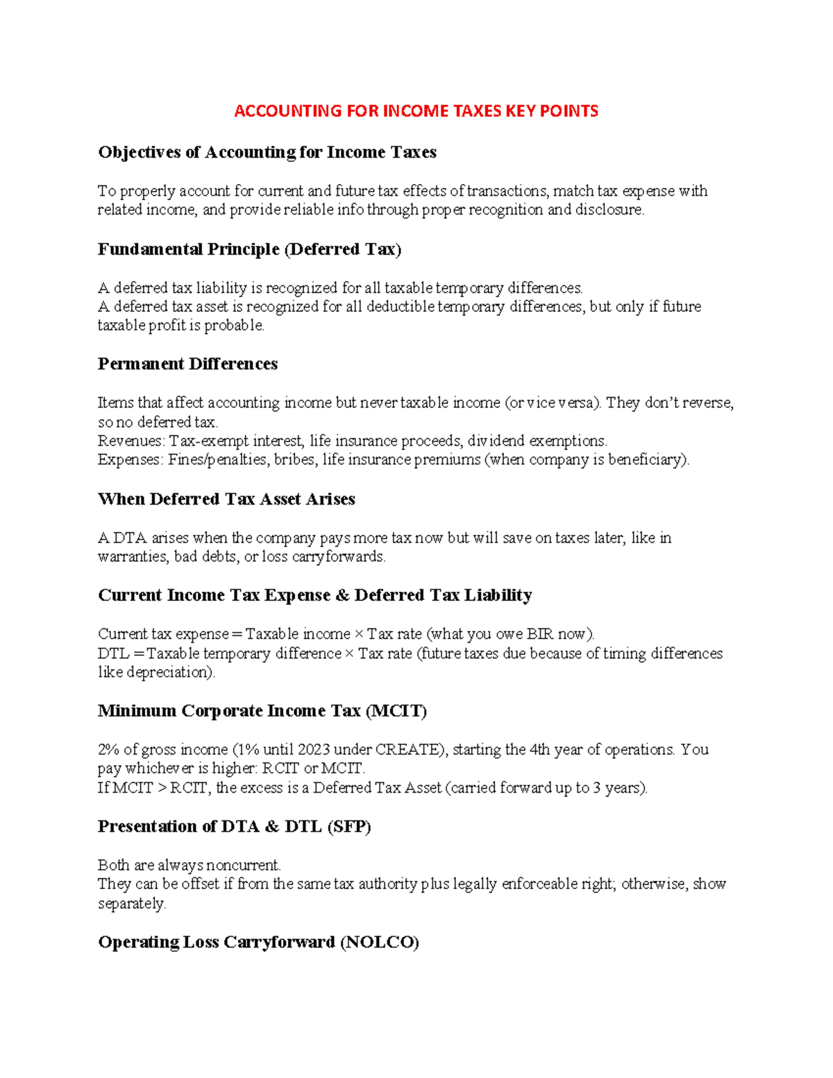 ACCT 101: Key Points on Income Taxes and Deferred Tax Assets - Studocu