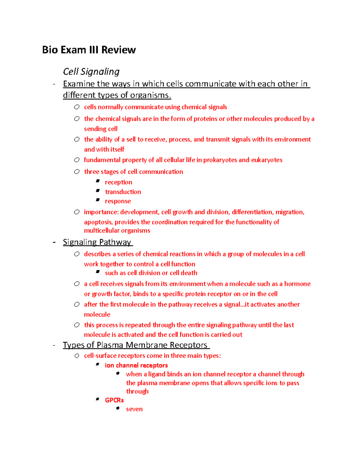 Bio Exam III Review - Bio Exam III Review Cell Signaling - Examine the ...