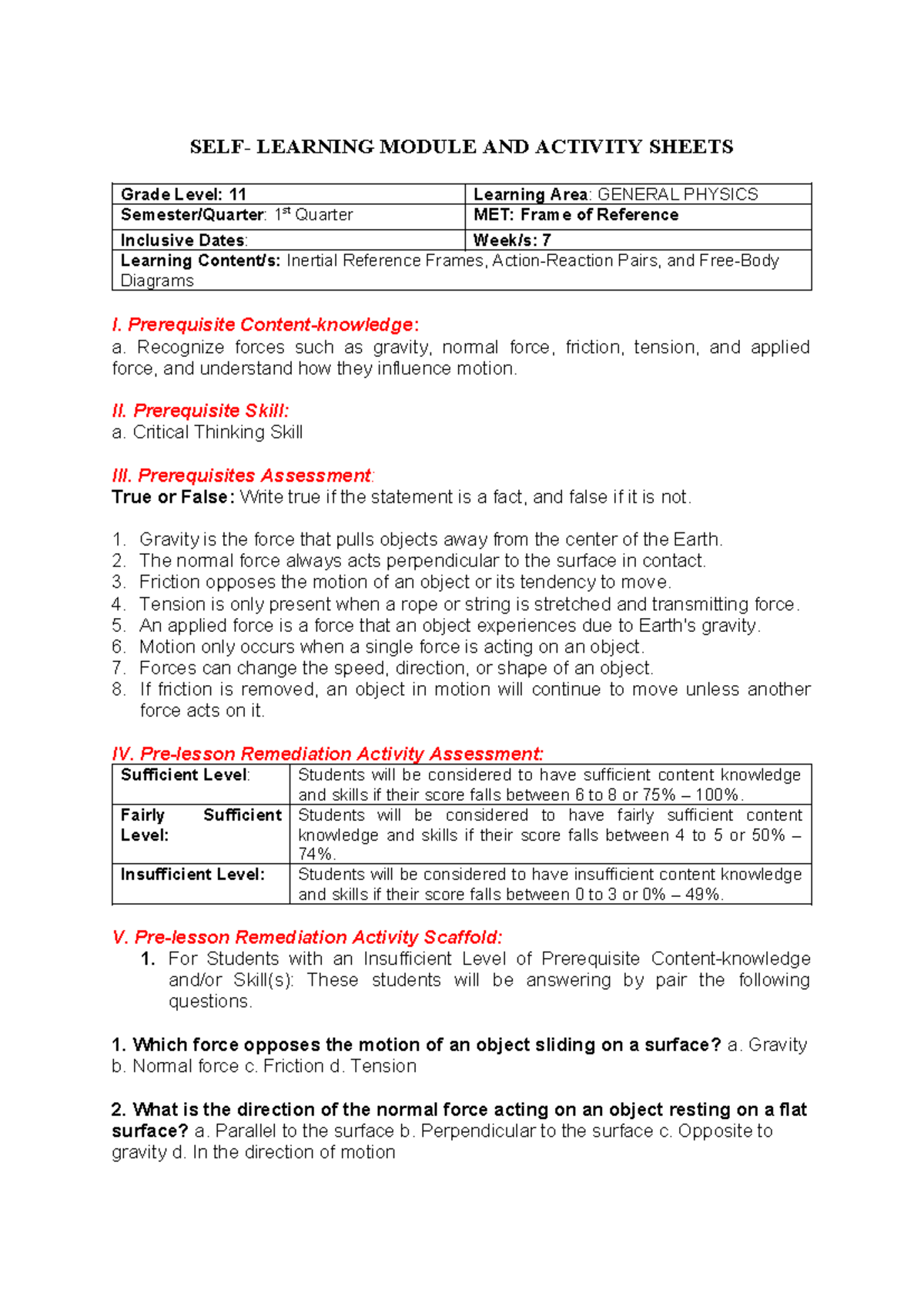 ATG - GEN. Physics (WEEK 7): Inertial Reference Frames & Forces - Studocu