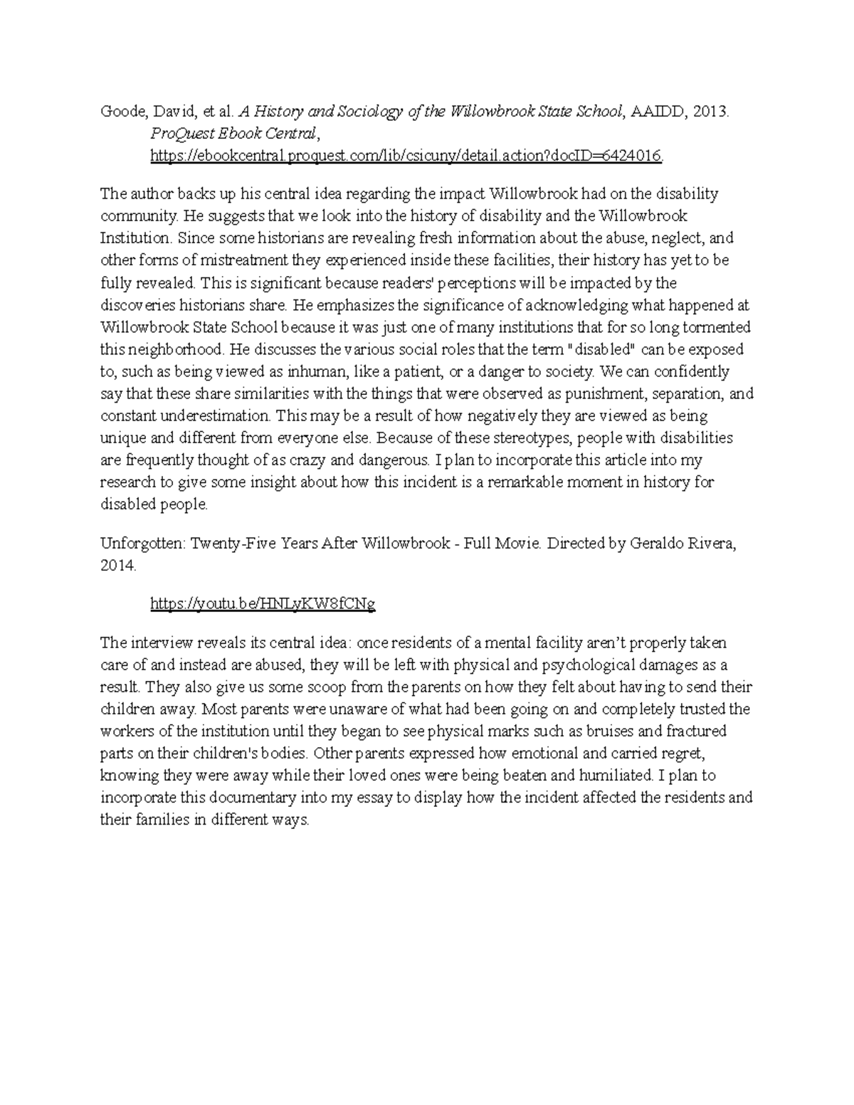 Annotated Bibliography on Willowbrook State School Impact - Studocu