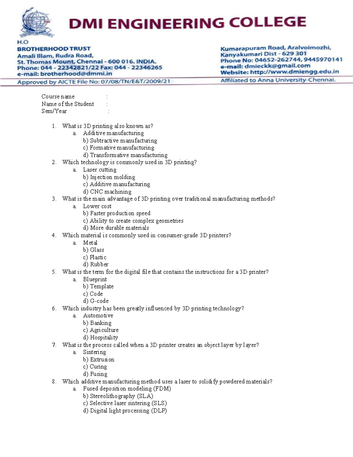 3D Printing (Course Code) - Comprehensive Study Notes - Studocu