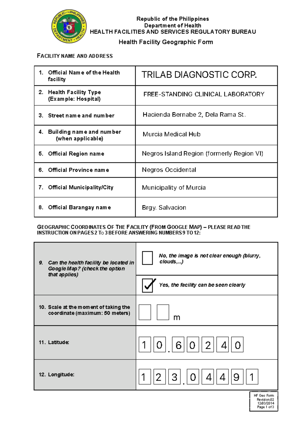 GEO FORM - HEALTH FACILITY REGISTRATION (PHILIPPINES) - Studocu