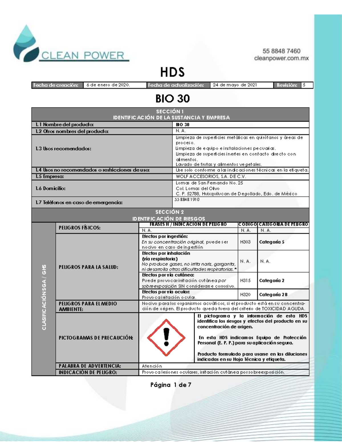 Hoja de Datos de Seguridad (HDS) - BIO 30 - Studocu