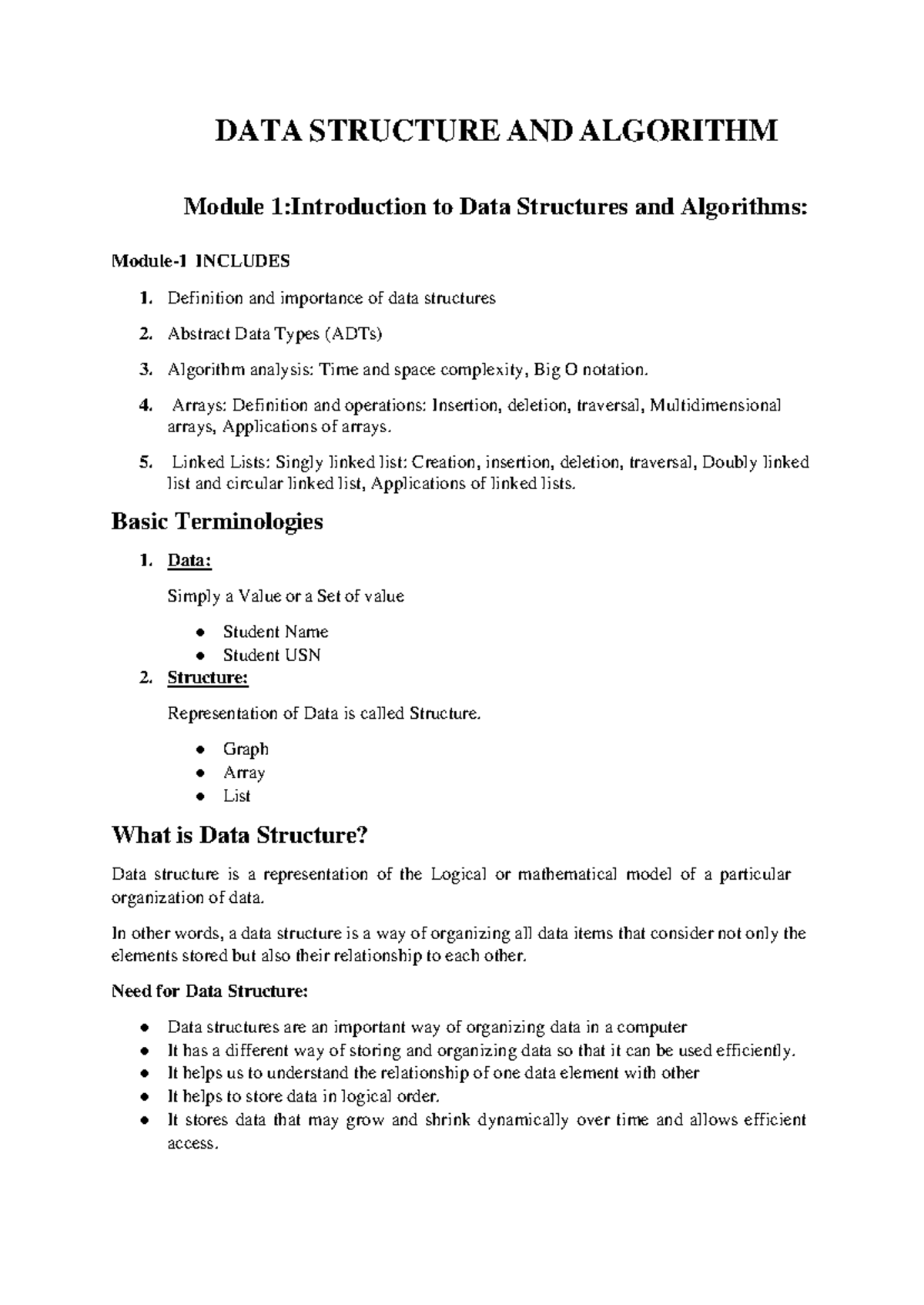 Module 1: Introduction to Data Structures and Algorithms (MMC203) - Studocu