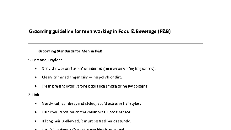 Grooming Standards for Men in Food & Beverage Industry - Studocu
