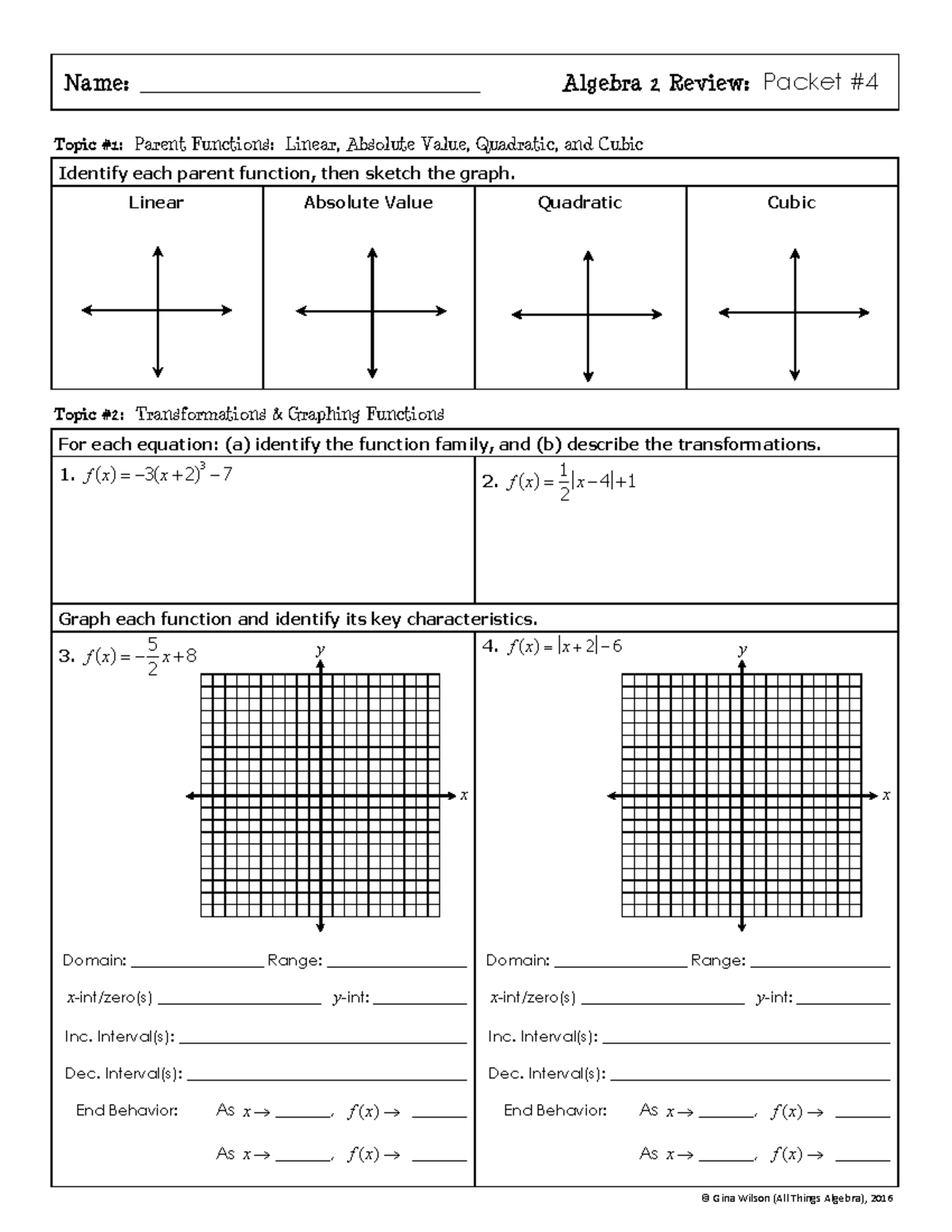 Algebra 2 Review Packet: Parent Functions & Transformations - Studocu