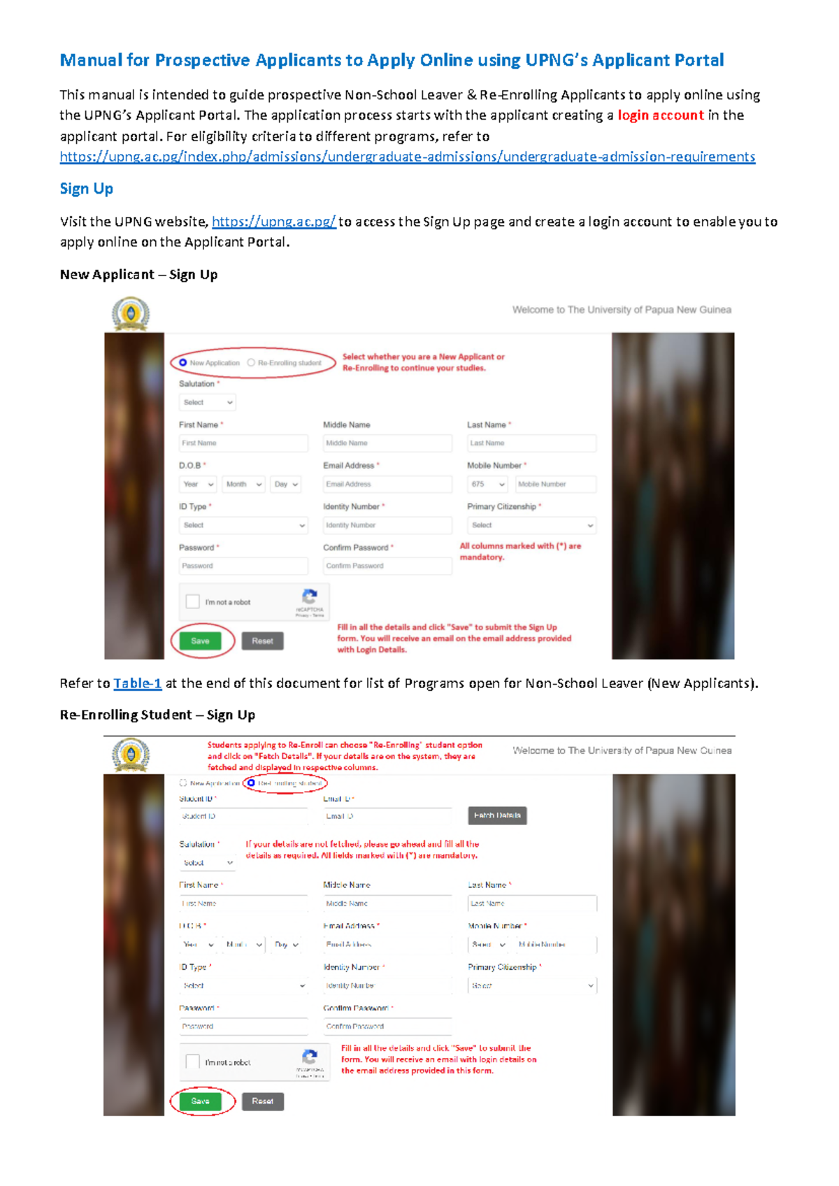 UPNG Applicant Portal User Manual for New/Re-Enrolling Applicants - Studocu