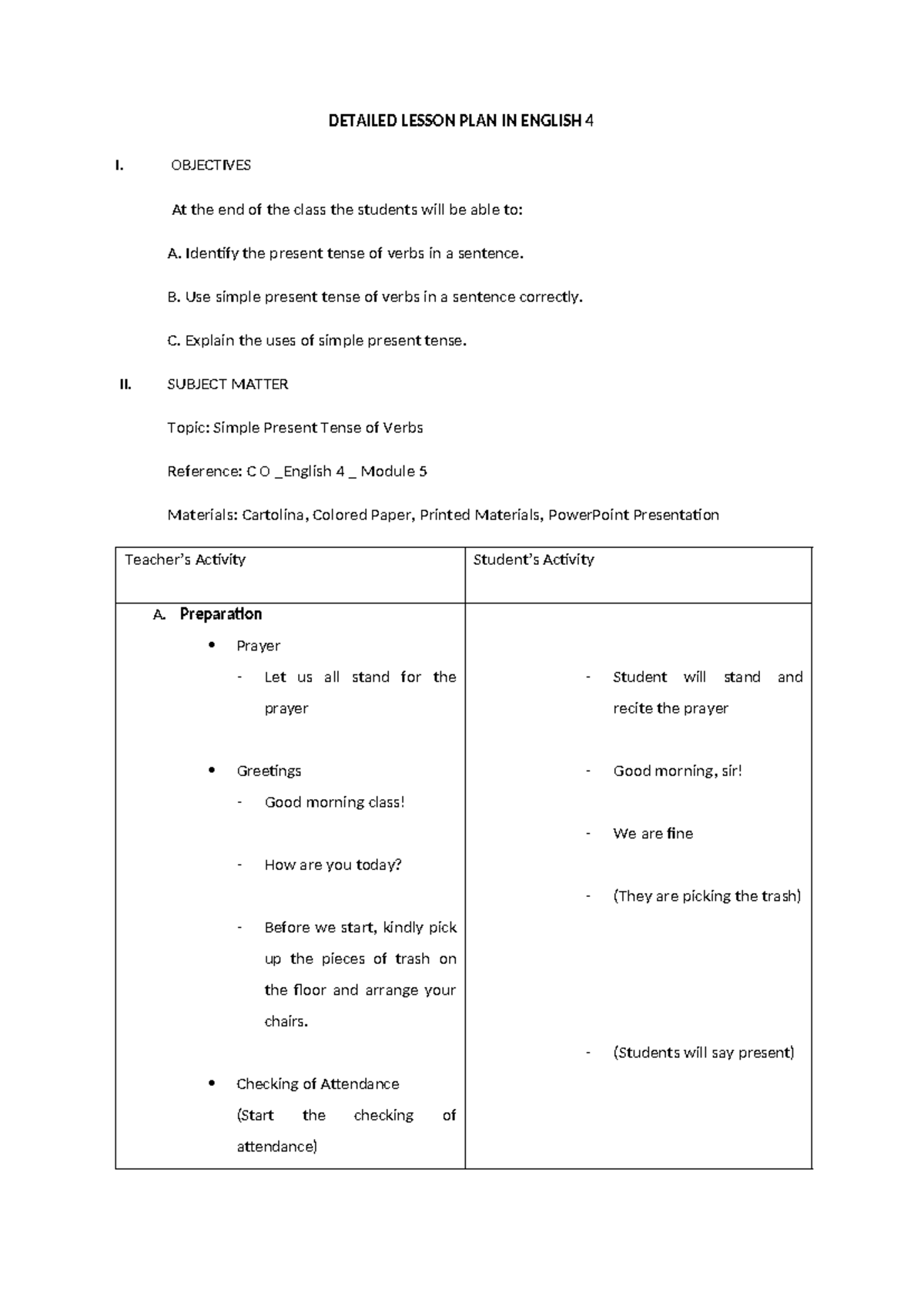 Detailed Lesson Plan: Simple Present Tense in English 4 - Studocu