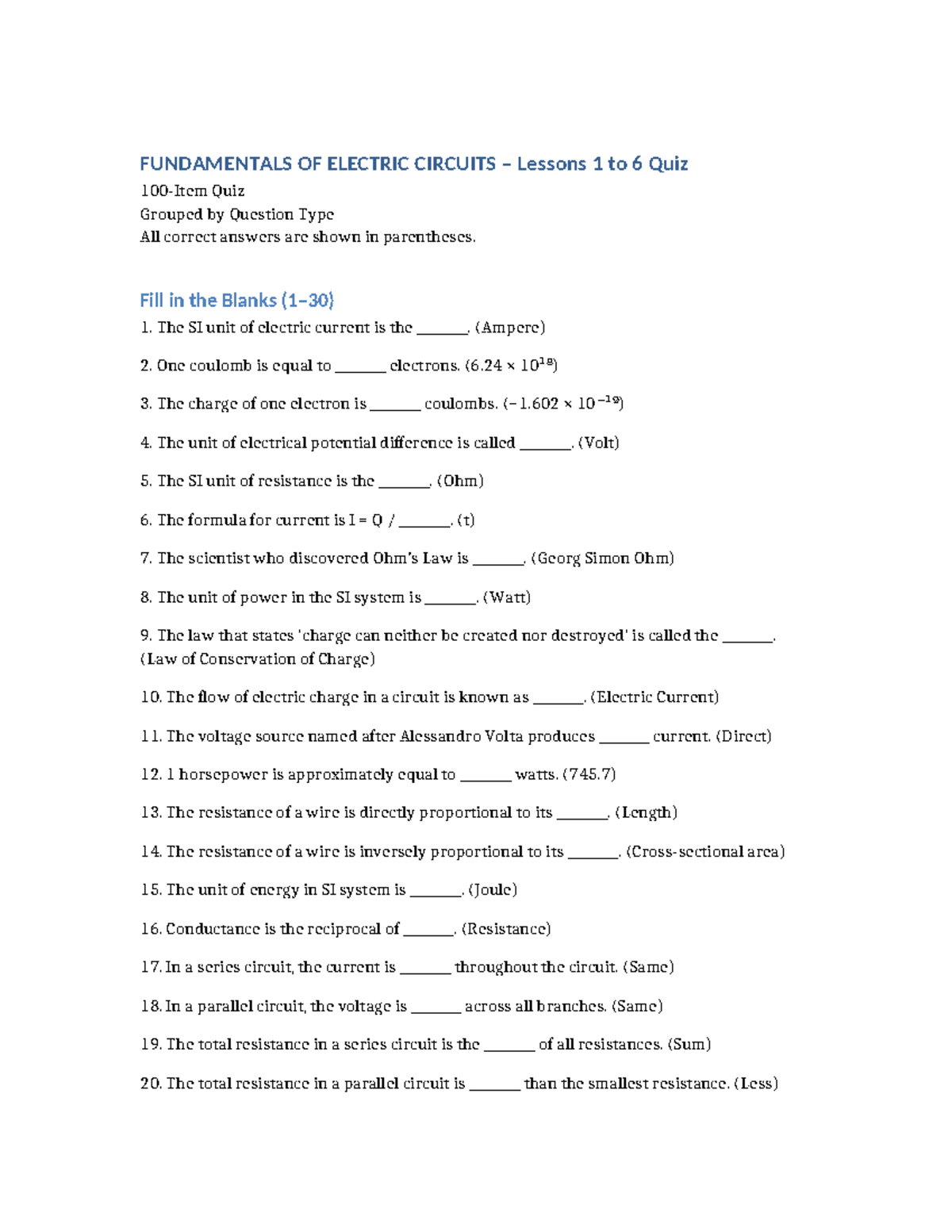 FUNDAMENTALS OF ELECTRIC CIRCUITS Quiz 1: Lessons 1-6 Review - Studocu