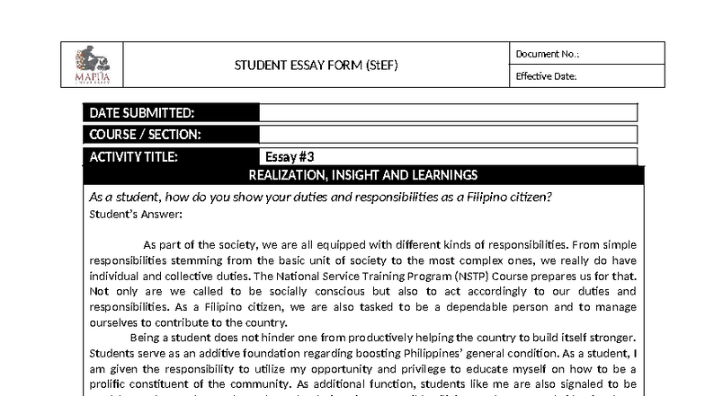 NSTP100 Essay #3: Realization, Insight, and Learnings on Citizenship ...