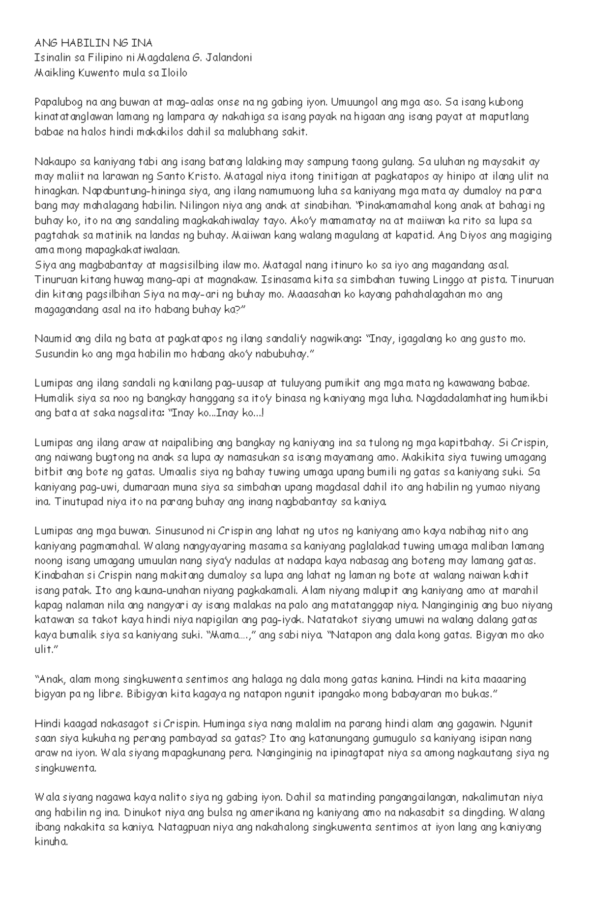 ANG Habilin ng Ina: Isang Maikling Kuwento mula sa Iloilo - Studocu