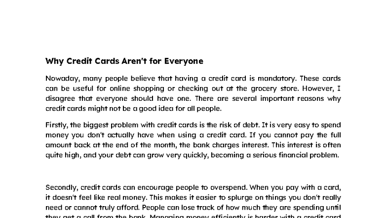 Essay - TIếng Tây: The Importance of Credit Cards, Sports, and ...